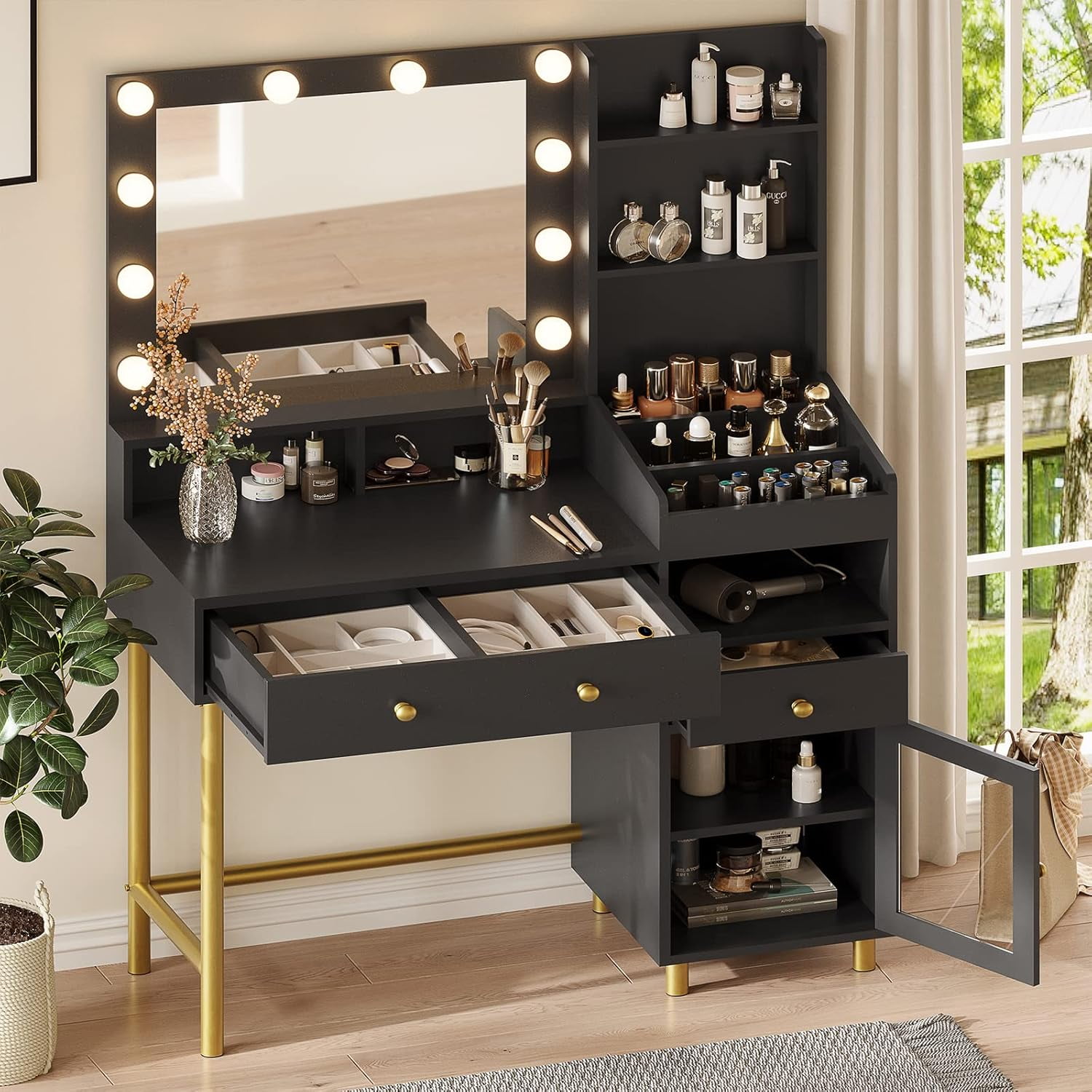 AOGLLATI Black Vanity Desk with Mirror and Lights in 3 Colors, Makeup ...