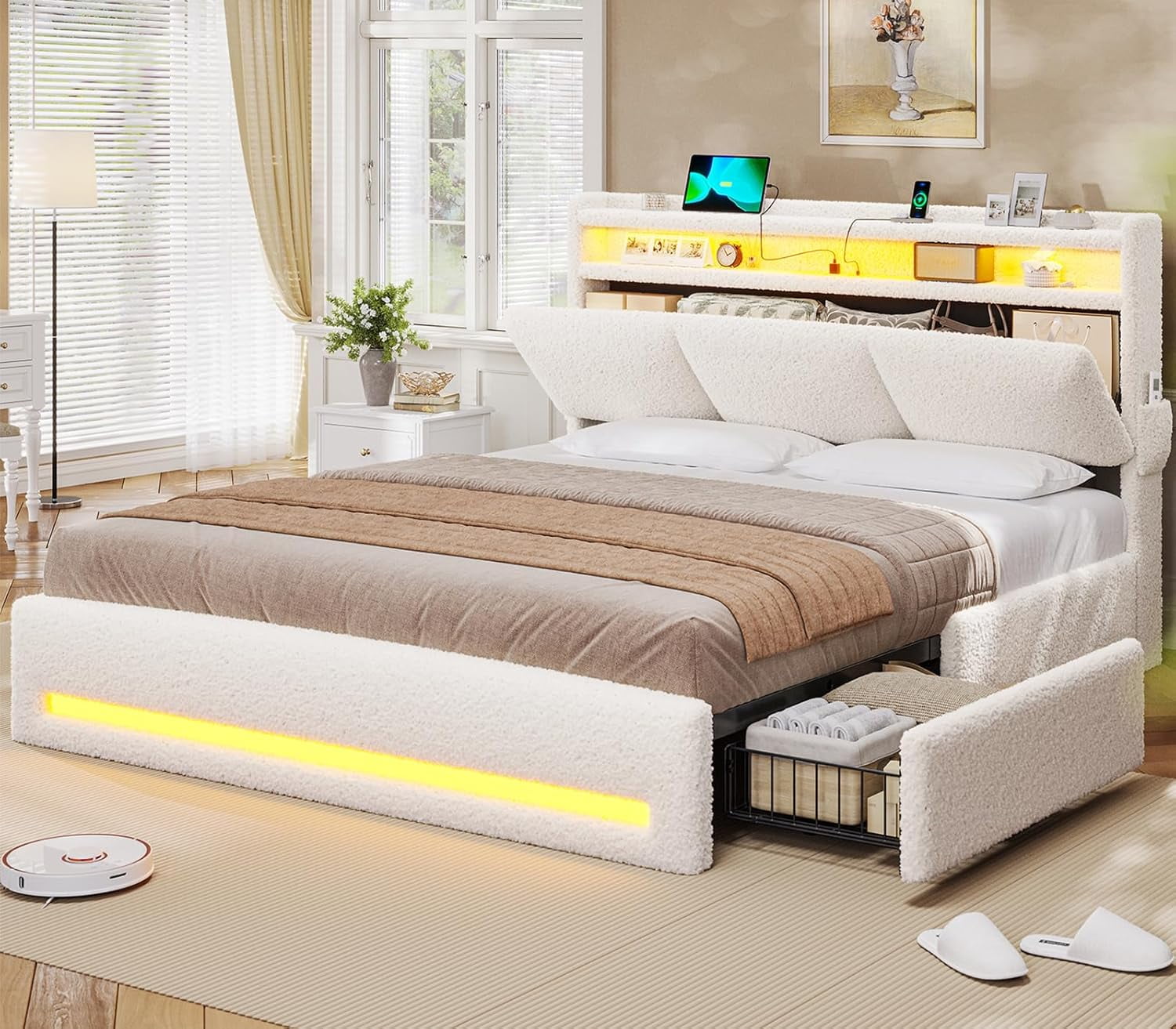 AOGLLATI Boucle Bed Frame Full Size with Storage Headboard, Charging ...