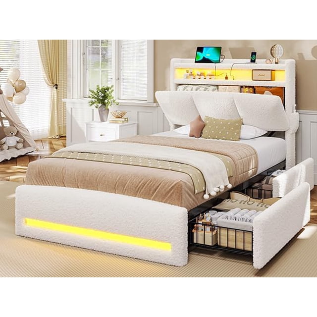 AOGLLATI Boucle Bed Frame Twin Size with Storage Headboard, Charging ...