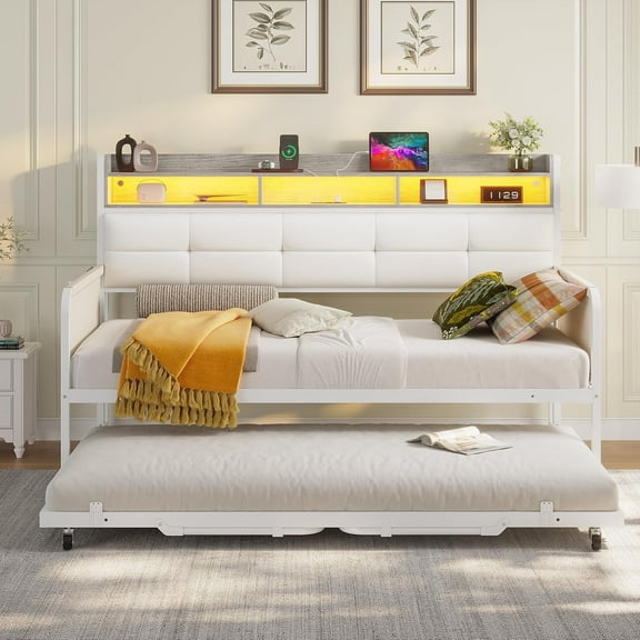 Daybed with Trundle, Twin Day Bed with Upholstered Headboard and ...