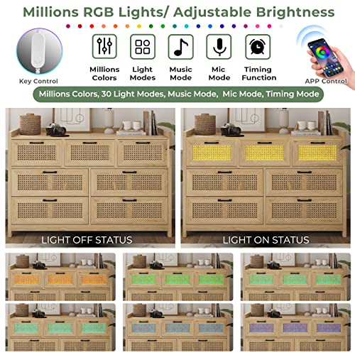 AOGLLATI Dresser for Bedroom with Led Light, Natural Rattan 7 Drawer ...