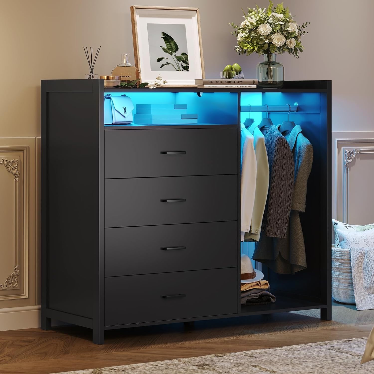 AOGLLATI Dresser for Bedroom, 4-Drawer Chest with LED Lights, Modern ...