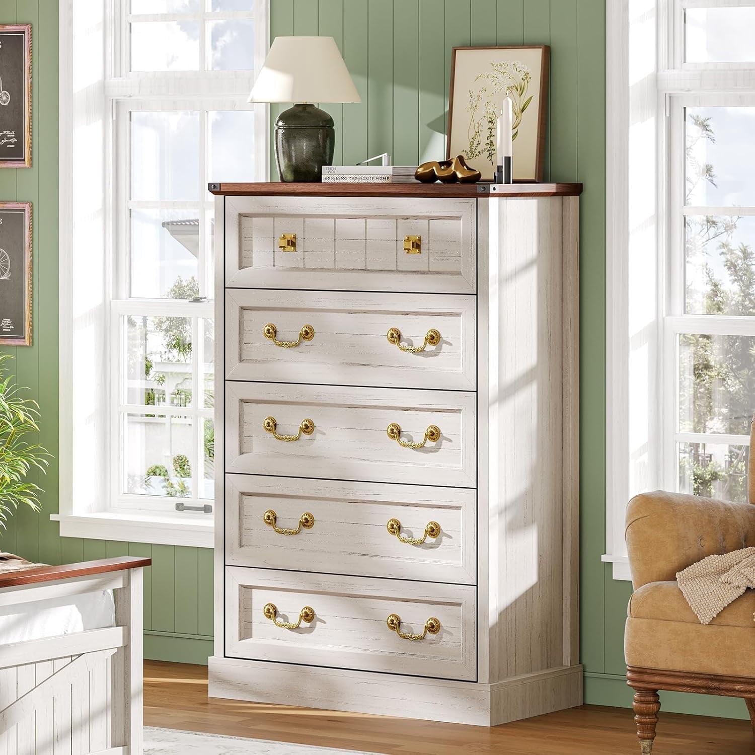 AOGLLATI Farmhouse 5 Drawers Dresser for Bedroom, 48” Tall Wood Rustic ...