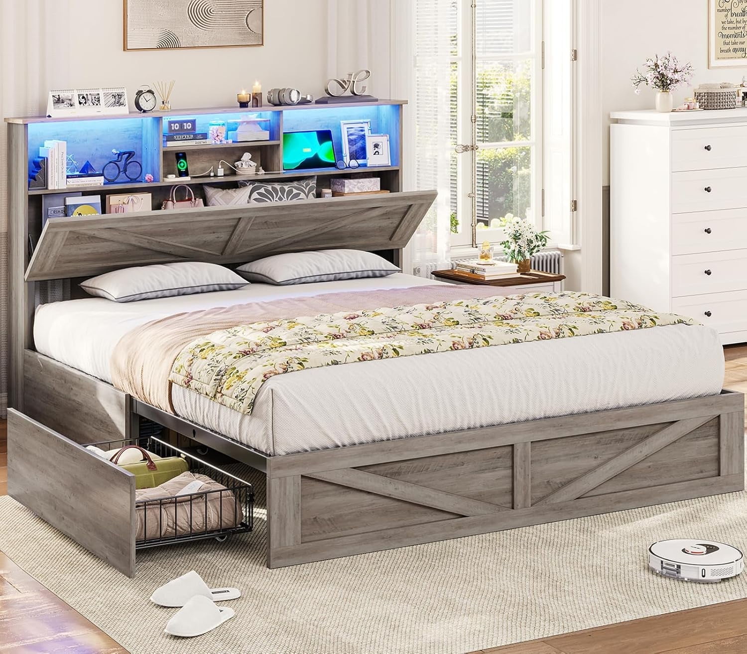 Farmhouse Bed Frame Queen Size with Bookcase Storage Headboard, Shelves, Charging Station and ...