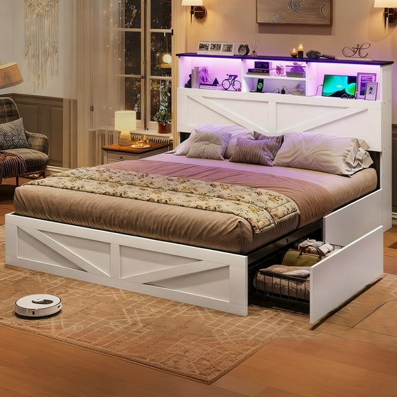 Acekid Led Bed Frame With Headboard And 2 Storage Drawers UpholsteRed ...