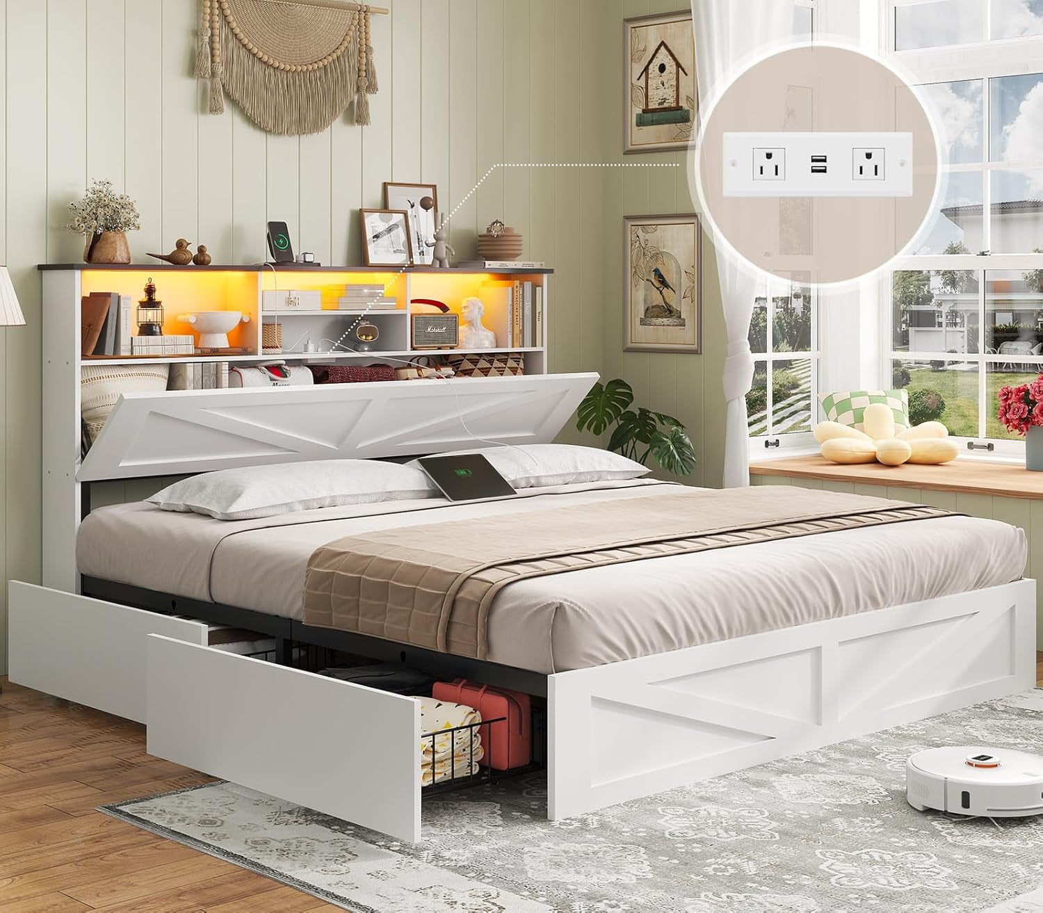 AOGLLATI Farmhouse Queen Bed Frame with 4 Storage Drawers & LED Lights ...
