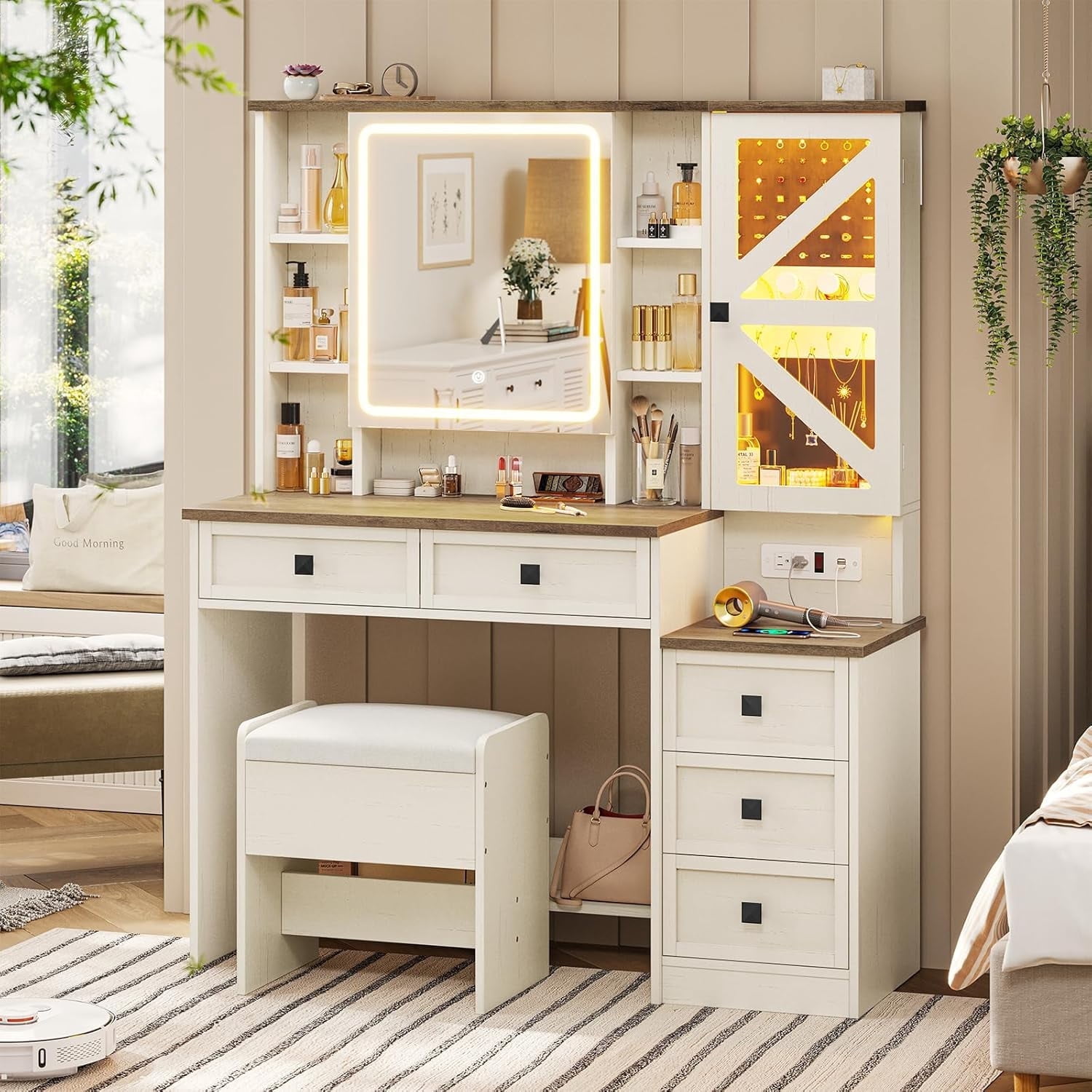 AOGLLATI Farmhouse Vanity Desk with Mirror and Lights, Makeup Vanity ...