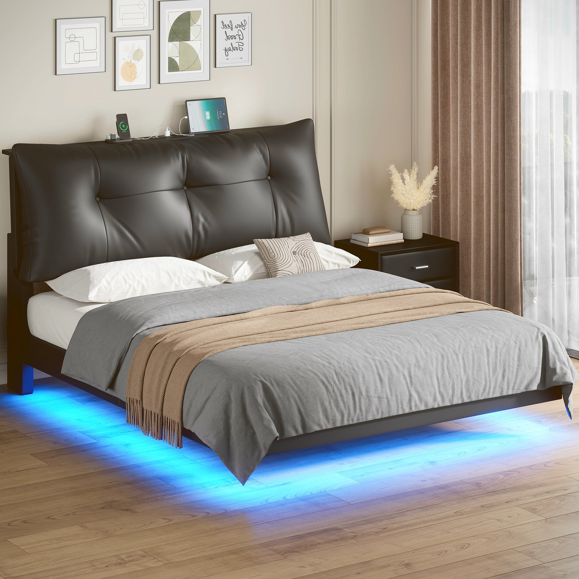 Floating Bed Frame Full Size Upholstered LED Bed Frame with Charging ...