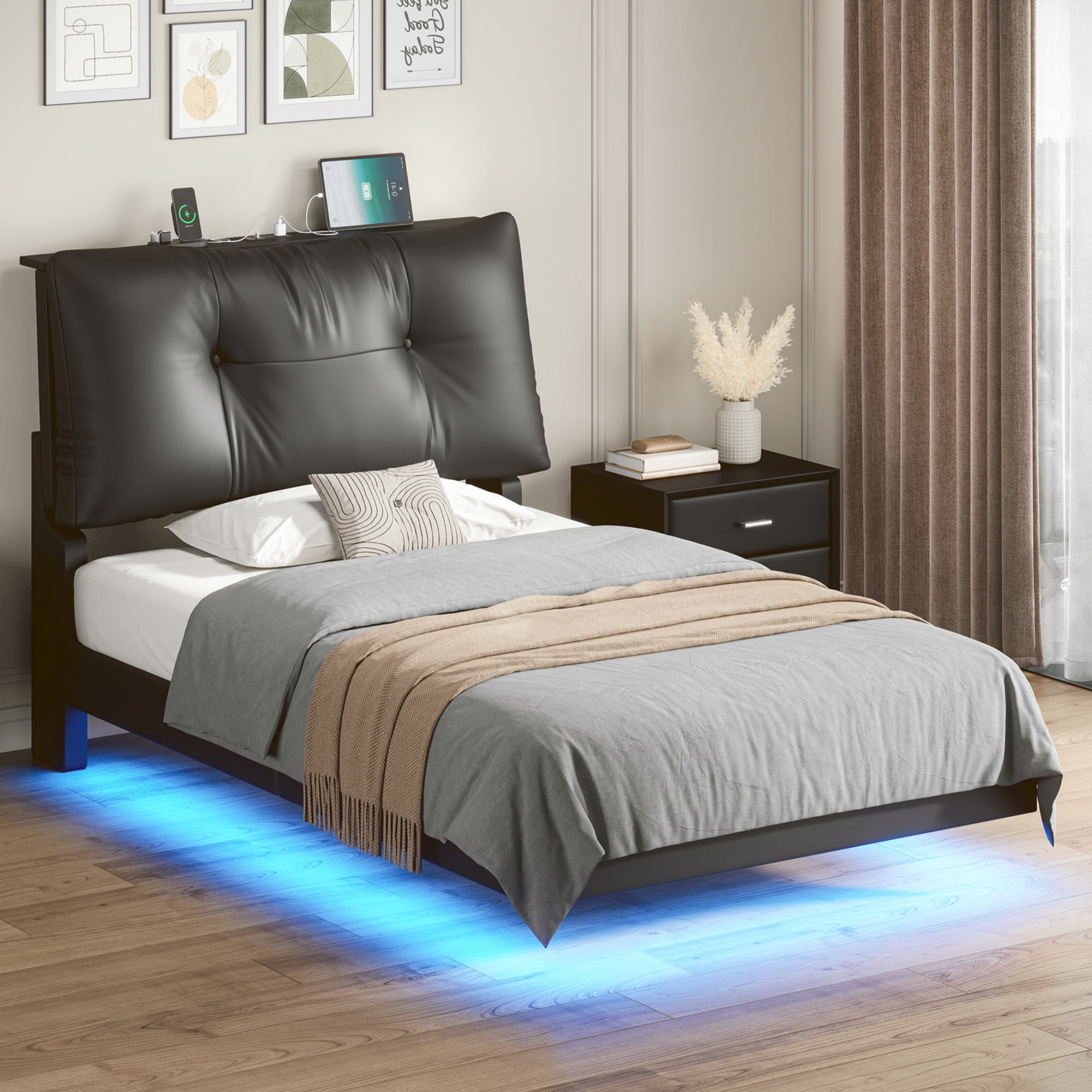 Floating Bed Frame Twin Size Upholstered LED Bed Frame with Charging Station & Removable ...