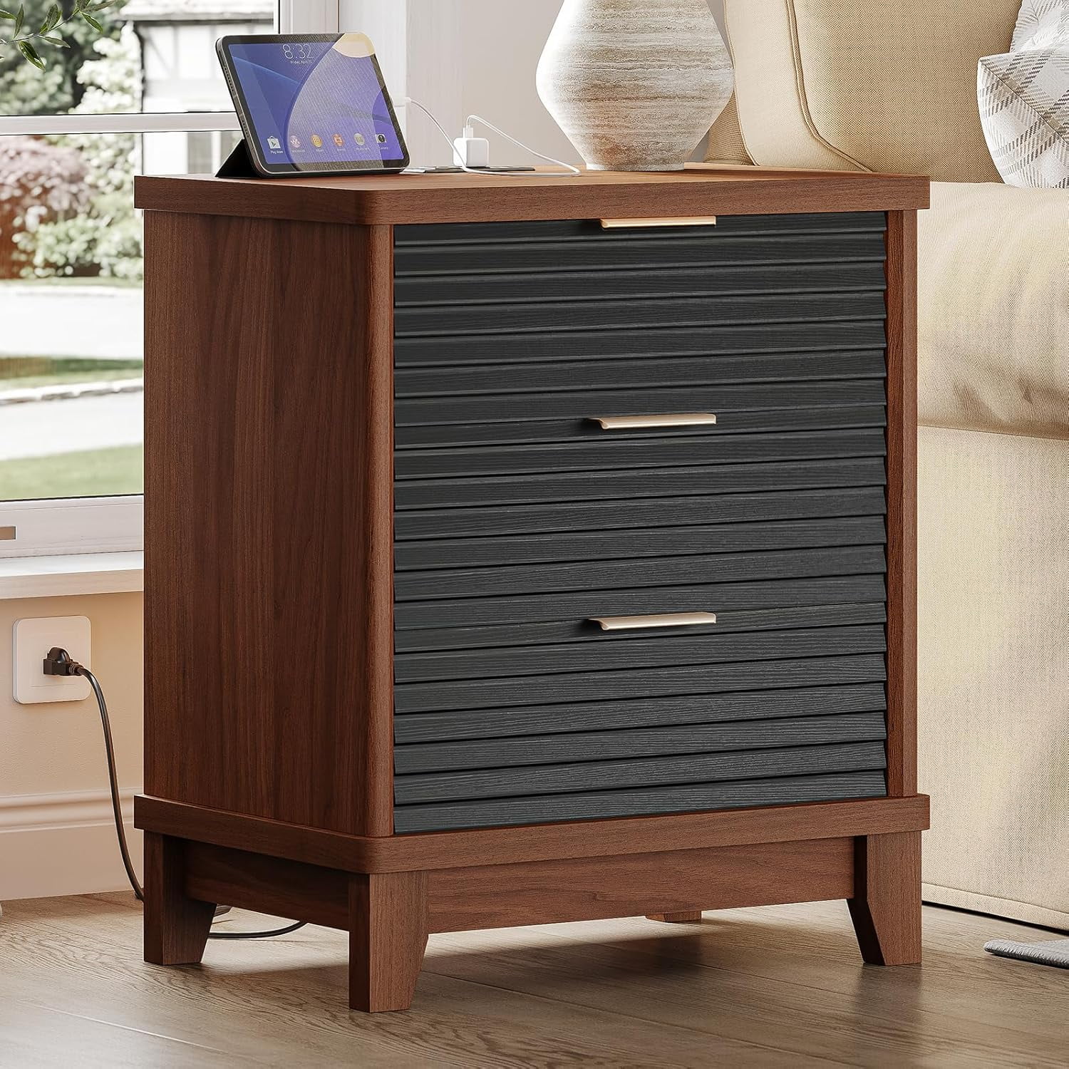 AOGLLATI Fluted Night Stand with Charging Station and 3 Drawers, Black ...
