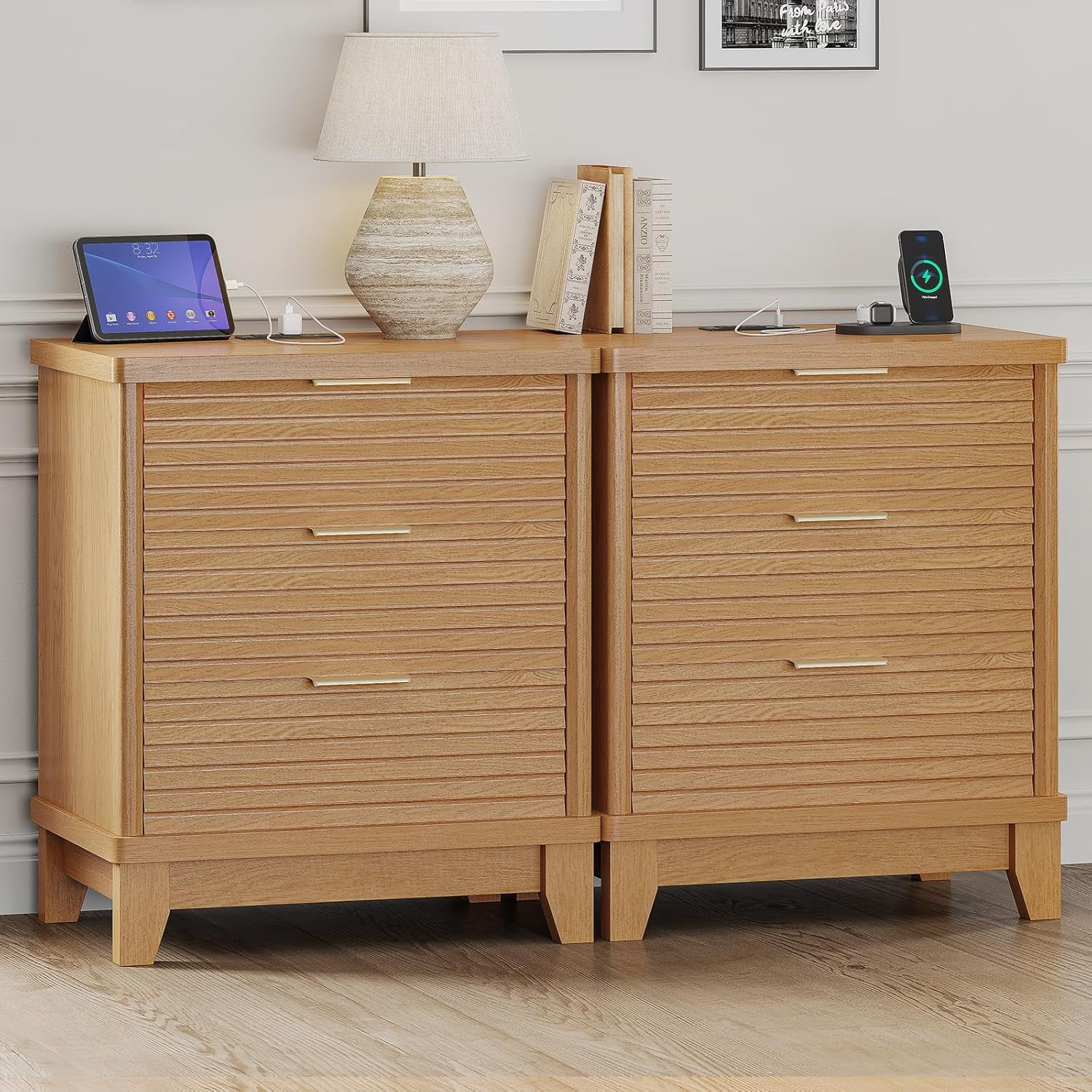 AOGLLATI Fluted Night Stand Set of 2 with Charging Station and 3 ...