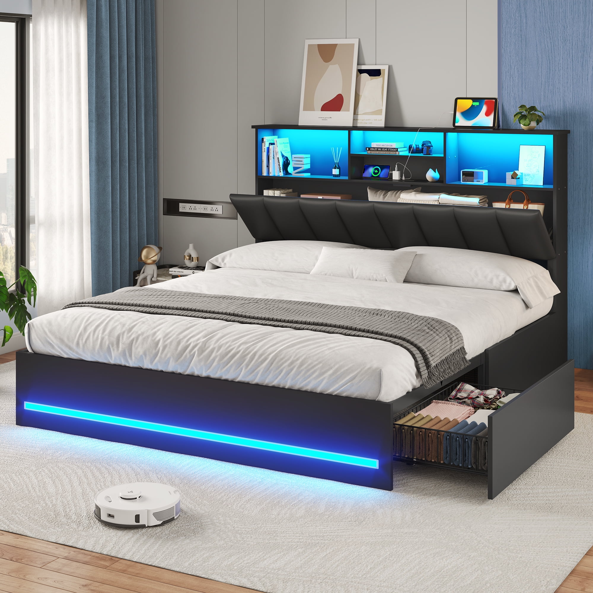 Aogllati Full Bed Frame With Stylish Bookcase Headboard Charging