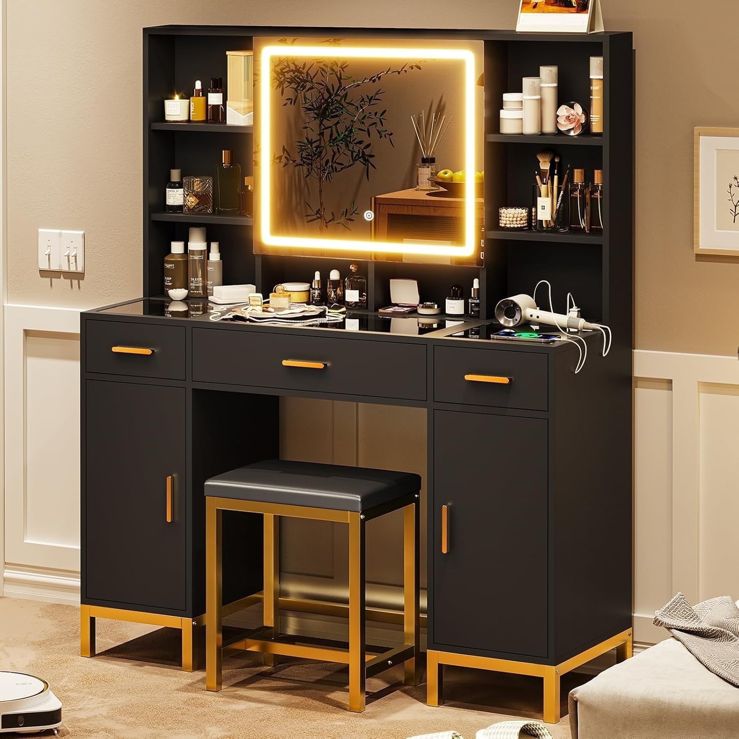 Vanity Desk with Openable Mirror and Lights, Glass Tabletop Makeup ...