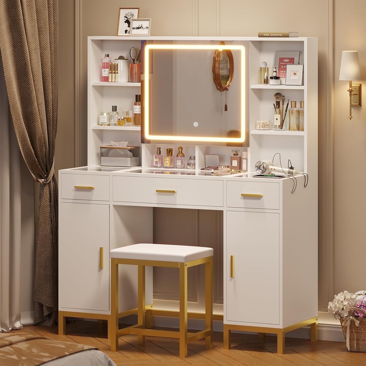 AOGLLATI Vanity Desk with Openable Mirror and Lights, Glass Tabletop ...