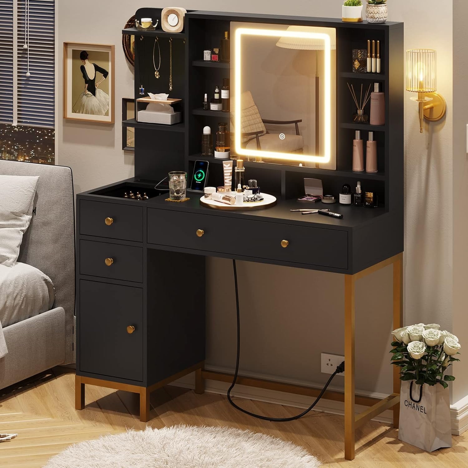 Black Vanity Table Set with Lights, Mirror, Charging Station, Drawers ...