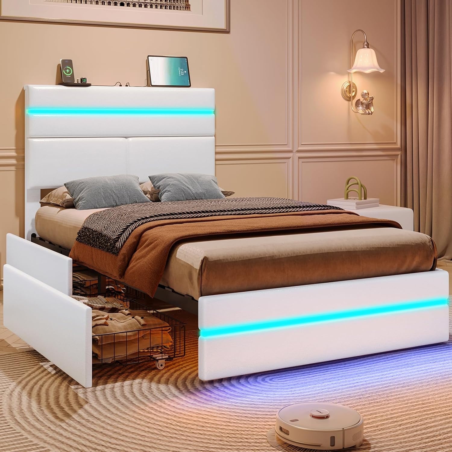 AOGLLATI Modern Twin Bed Frame with LED Lights & 4 Storage Drawers ...