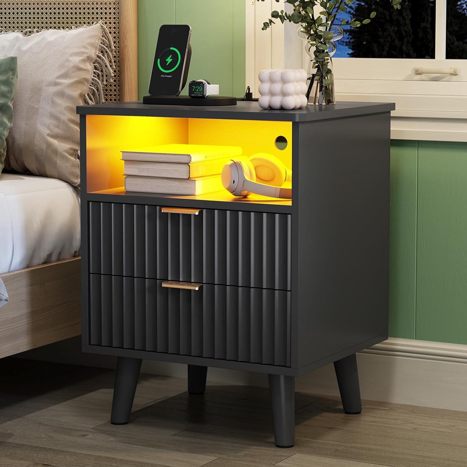 AOGLLATI Night Stand with Charging Station and Fluted Panel, 2 Drawers ...