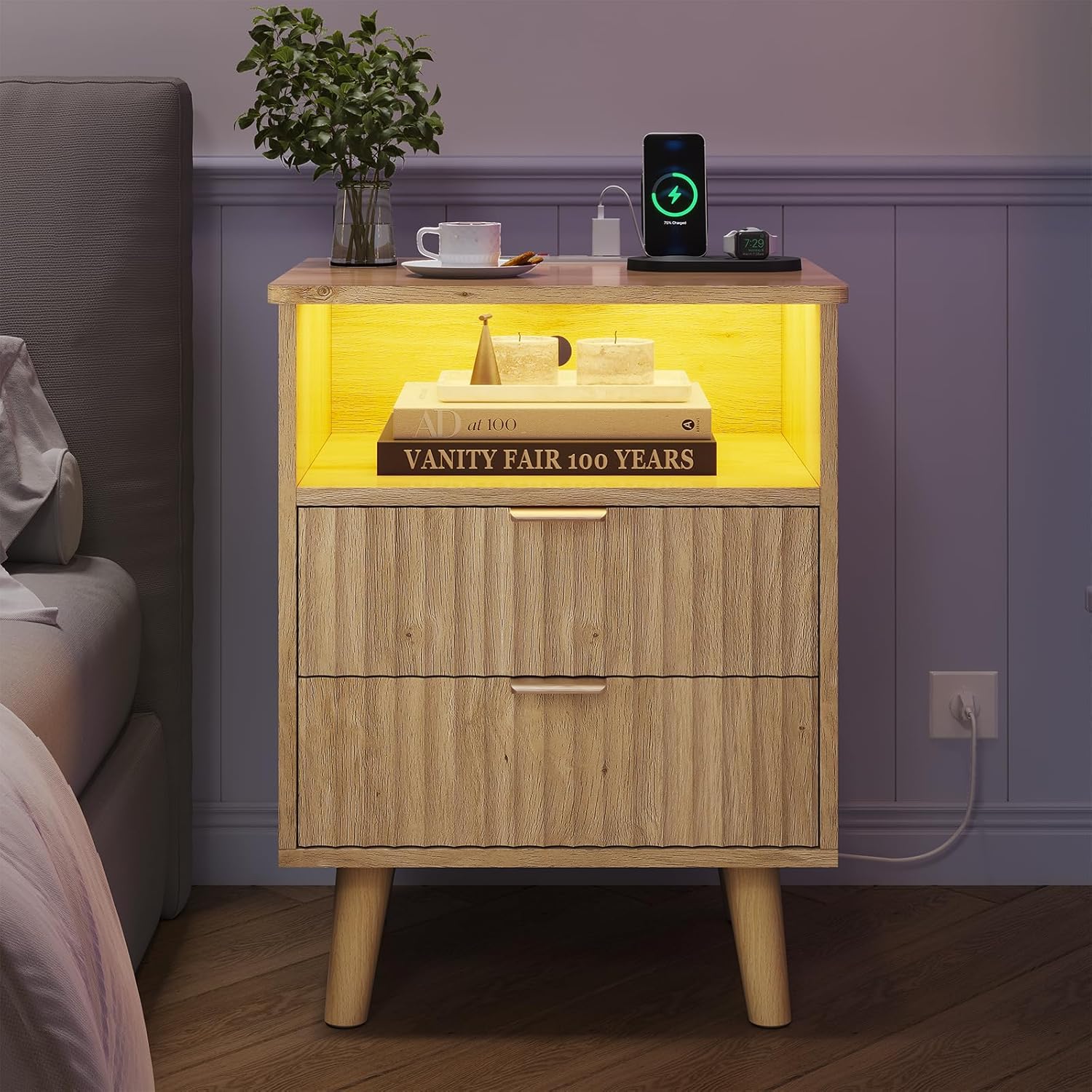 AOGLLATI Night Stand with Charging Station and Fluted Panel, 2 Drawers ...