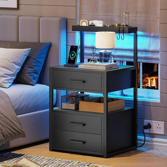 LED Nightstand with Charging Station, 3 Drawers Night Stands with Led ...