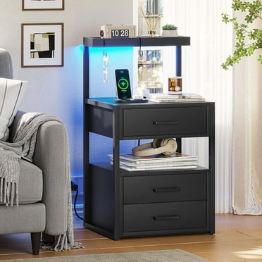 Afuhokles Tall Nightstand Pair with USB Powered Ports, LED Lights ...