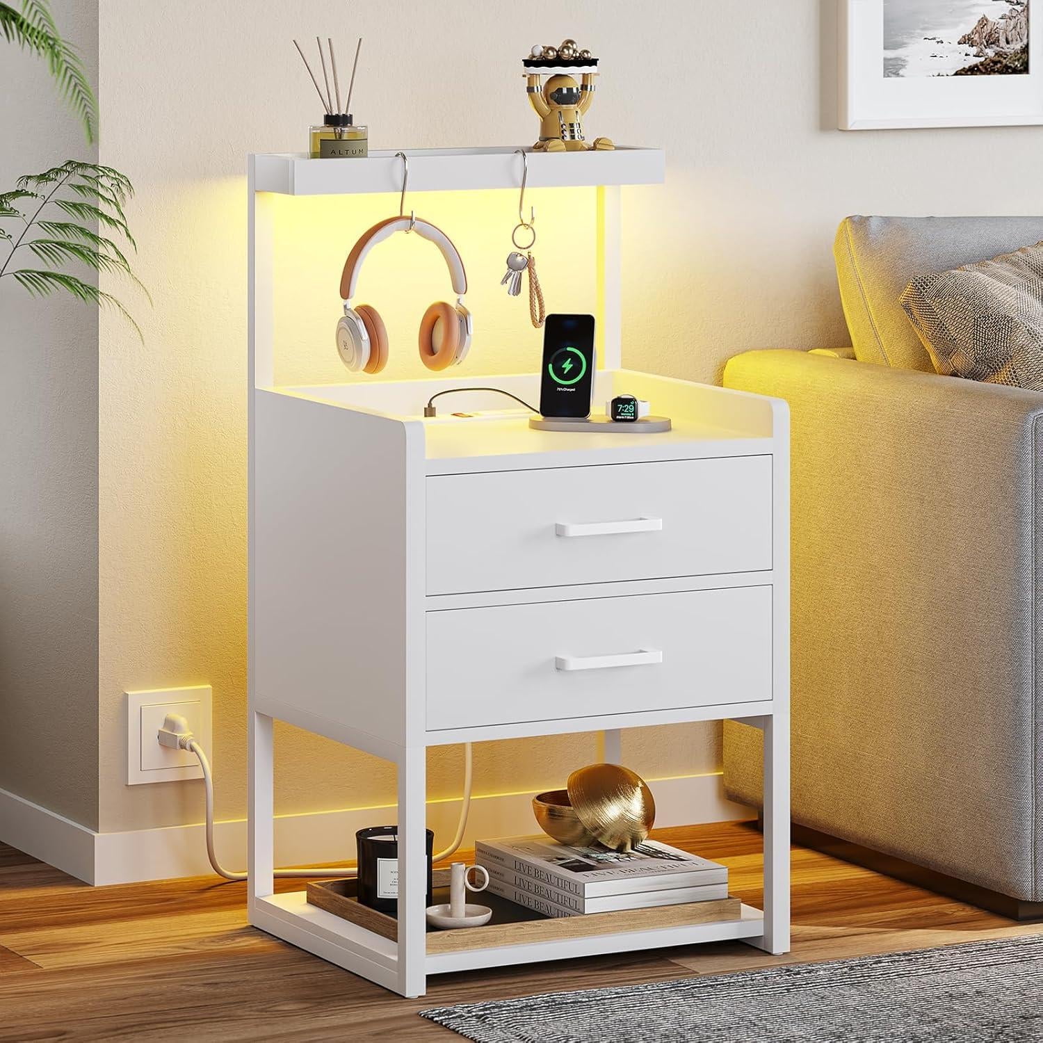 AOGLLATI Nightstand with LED Lights and Charging Station, 2 Drawers ...