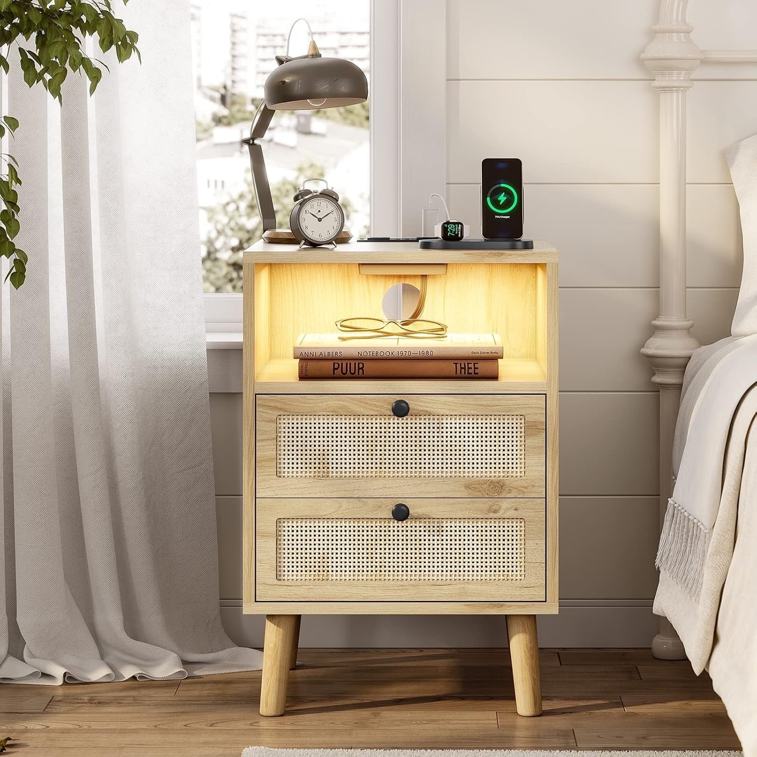 Boho Rattan Nightstand with Charging Station, LED Night Stand for ...