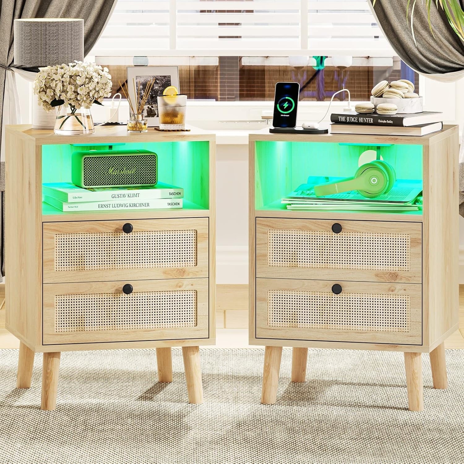 AOGLLATI Nightstands Rattan Set of 2,Farmhouse Bedside Tables LED Night ...