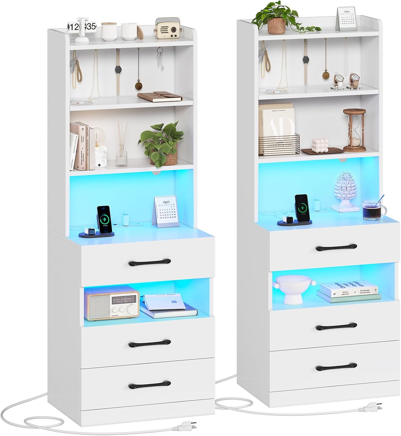 AOGLLATI Tall Night Stand Set of 2 with Charging Station and LED Lights ...