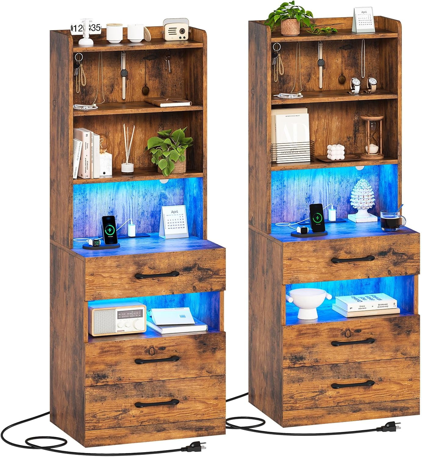 AOGLLATI Tall Night Stand Set of 2, Nightstand with Charging Station ...