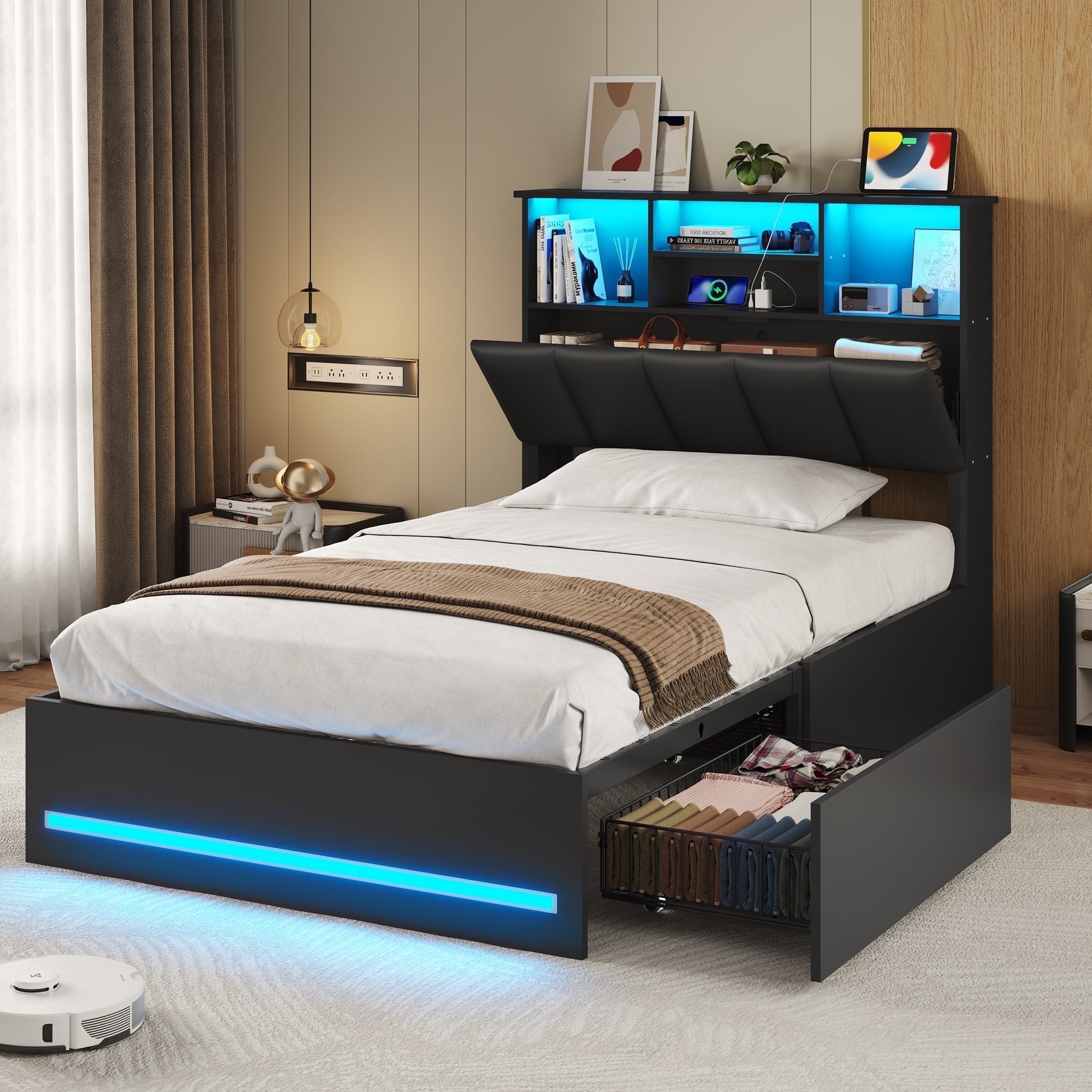 AOGLLATI Twin Upholstered Bed Frame, Black PU Leather, 4 Storage ...