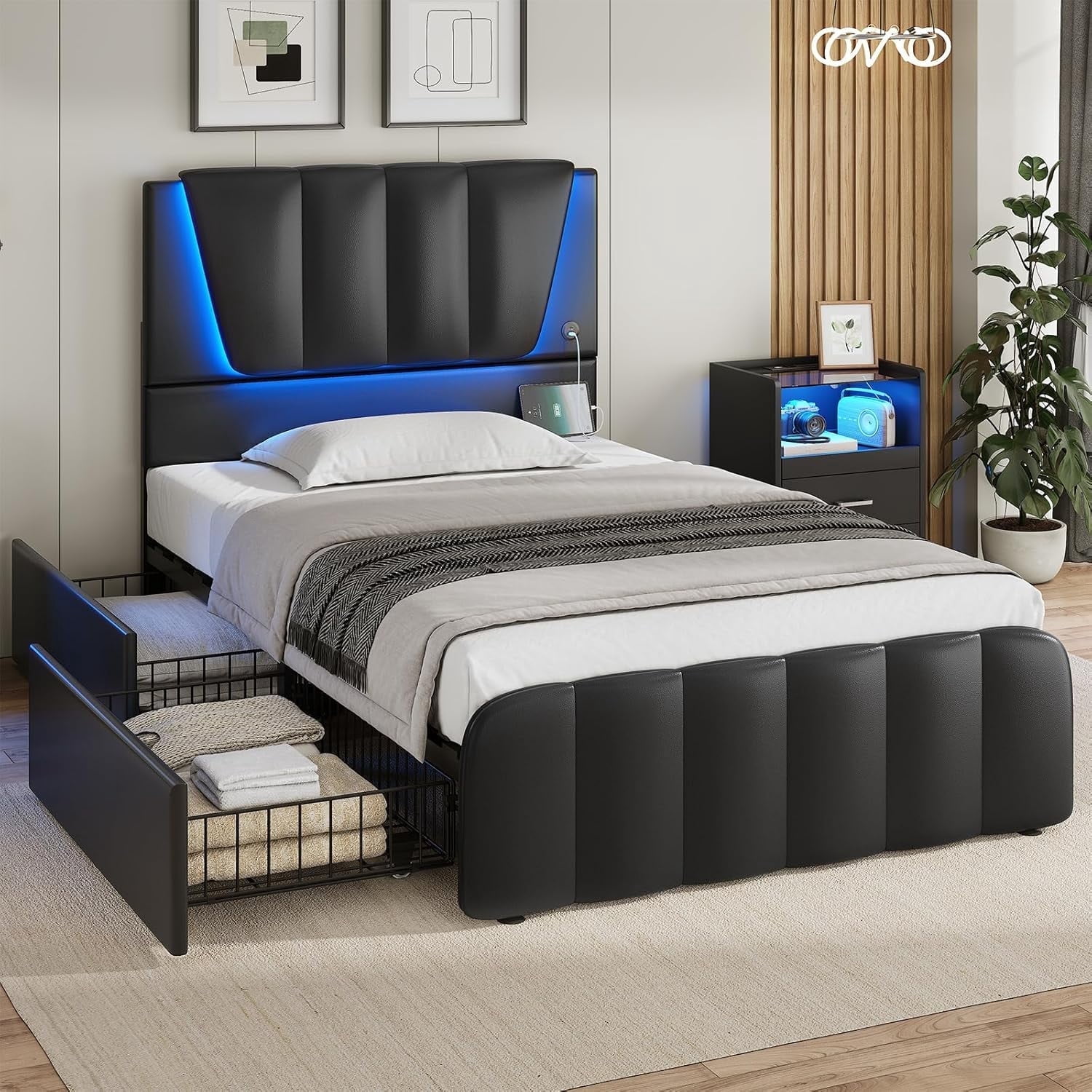 AOGLLATI Twin Bed Frame with 4 Storage Drawers and Headboard, Led Light ...