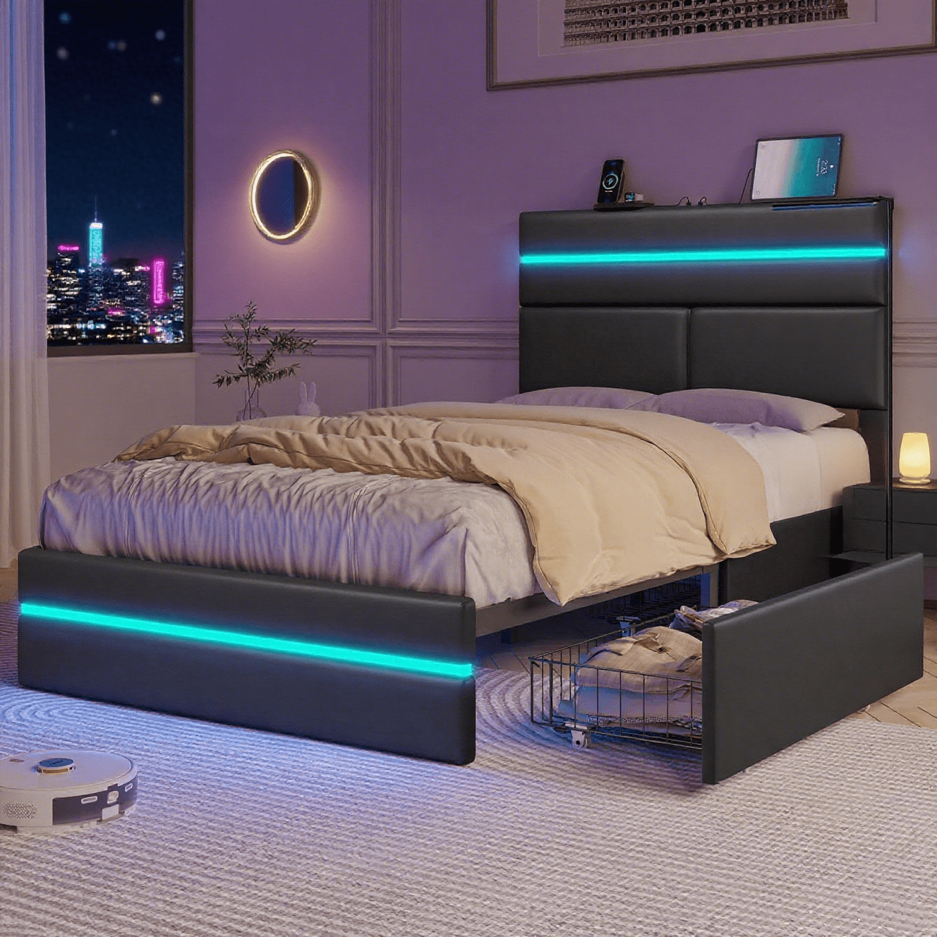 AOGLLATI Twin Bed Frame with LED Lights & 4 Drawers – Upholstered ...