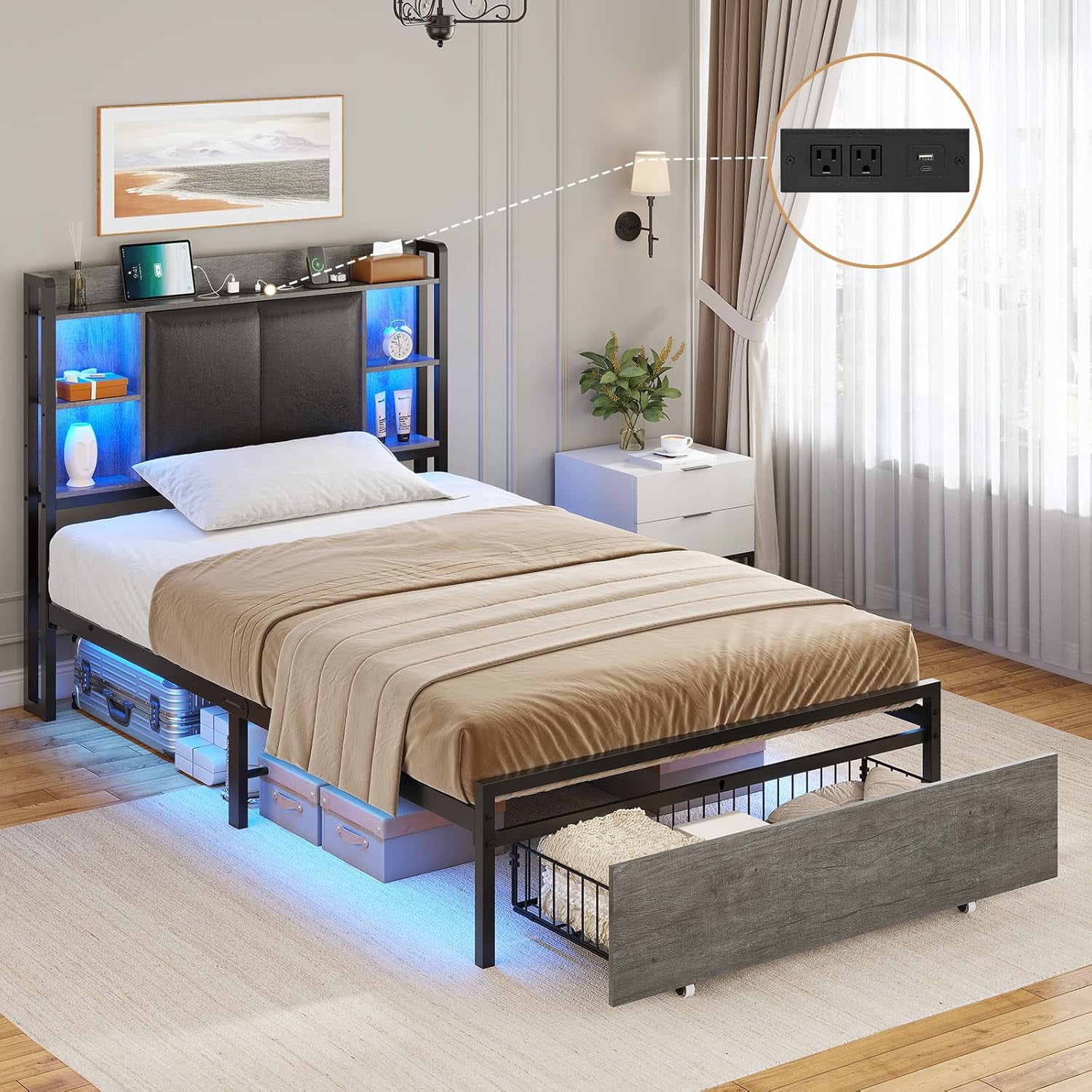 AOGLLATI Twin Bed Frames with Storage Drawers and Headboard, Twin Bed ...