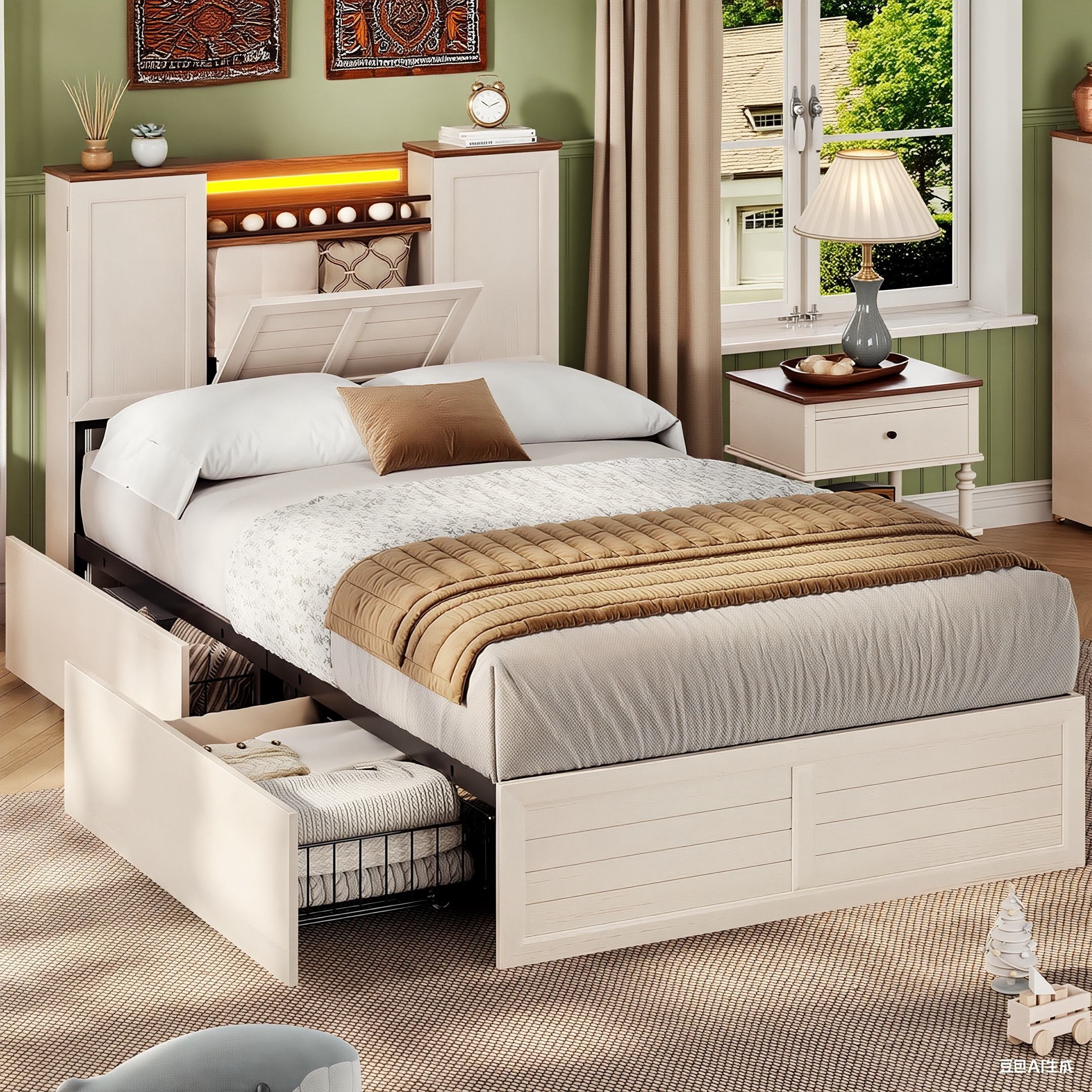 AOGLLATI Farmhouse Bed Twin Size with Barn Door Storage Cabinets & 4 ...