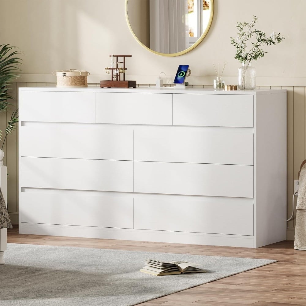 AOGLLATI White 9 Drawer Dresser with Charging Station, Wood Tall Chest ...