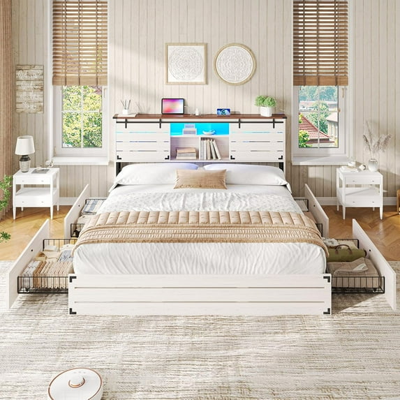 AOGLLATI Wooden Bed Frame King Size with Bookcase Headboard and Sliding ...