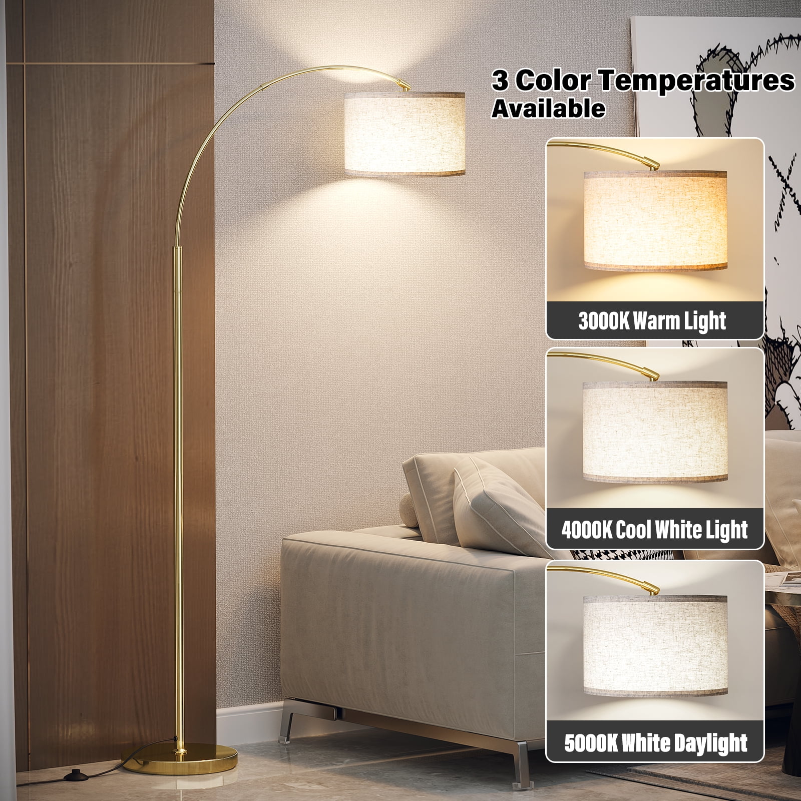 AOHAO Arc Floor Lamp with Foot Switch, 3 Color Temperature, 9w A19 LED ...