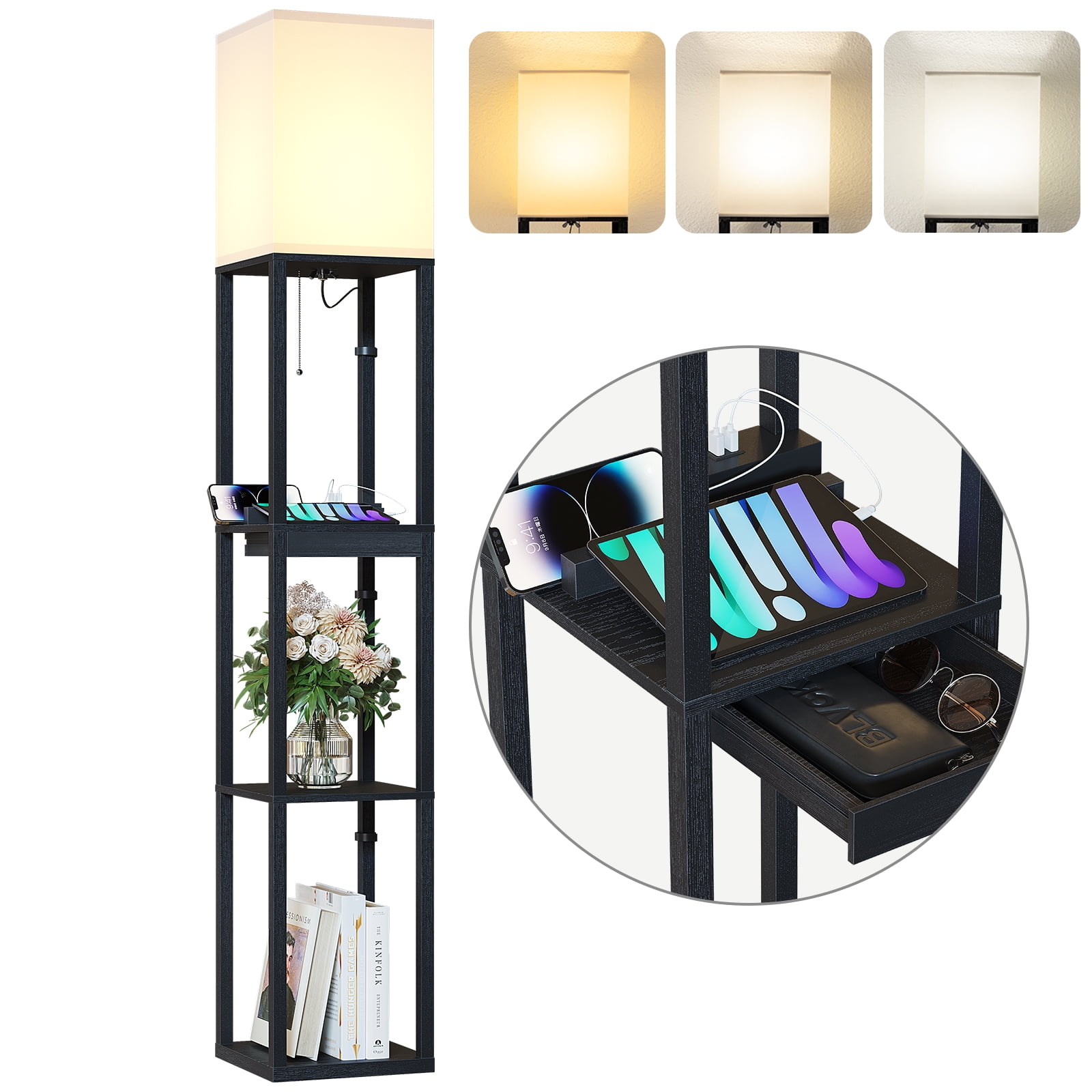AOHAO Dimmable Floor Lamp with Shelves, 2 USB Ports, Power Outlet, for ...