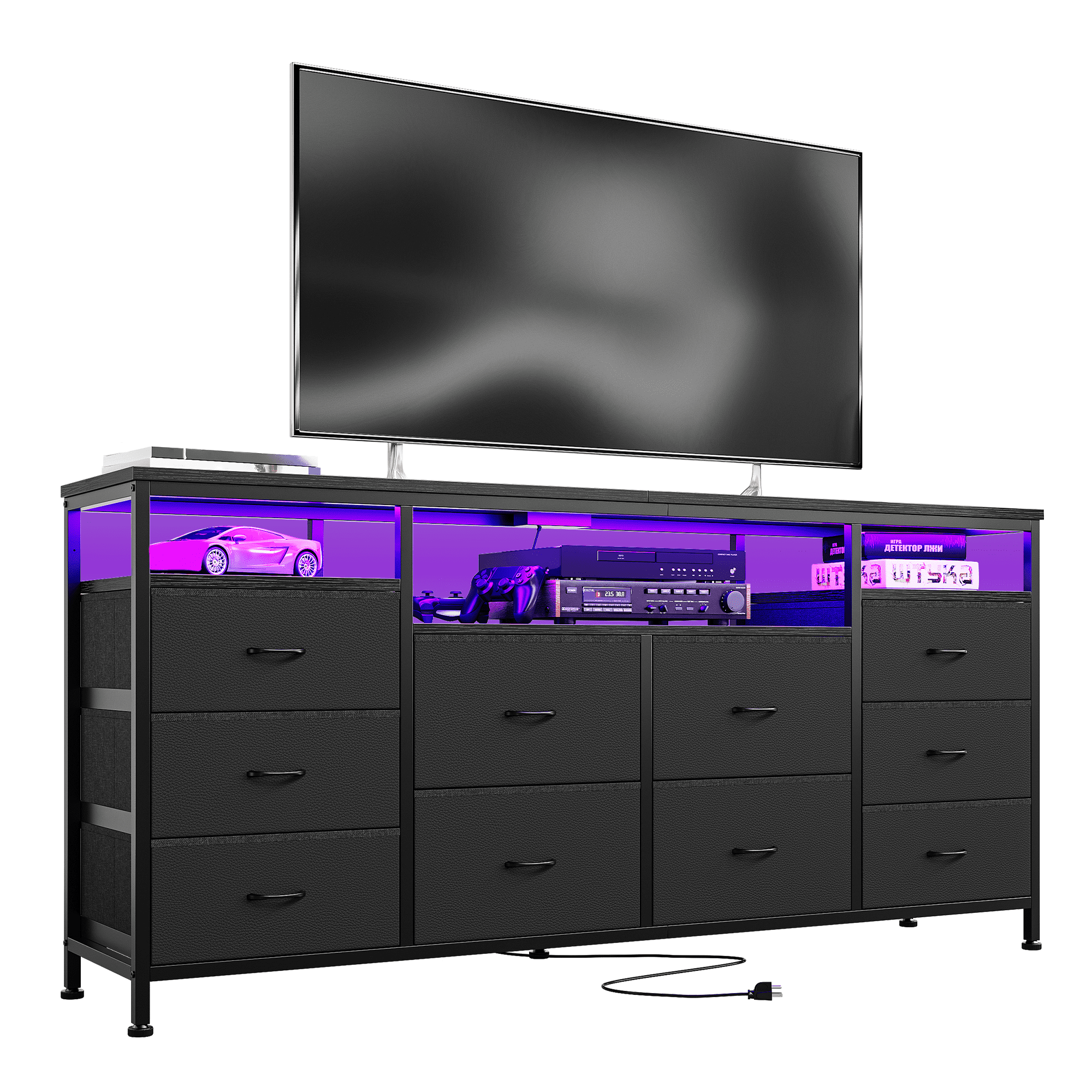 AOILE 10-Drawer Long Media Console, Storage Cabinet with Ambient ...
