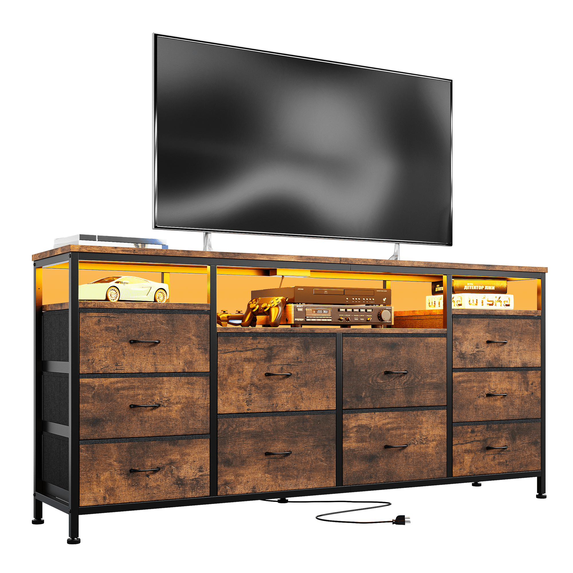 AOILE 10-Drawer Long Media Console, Storage Cabinet with Ambient ...