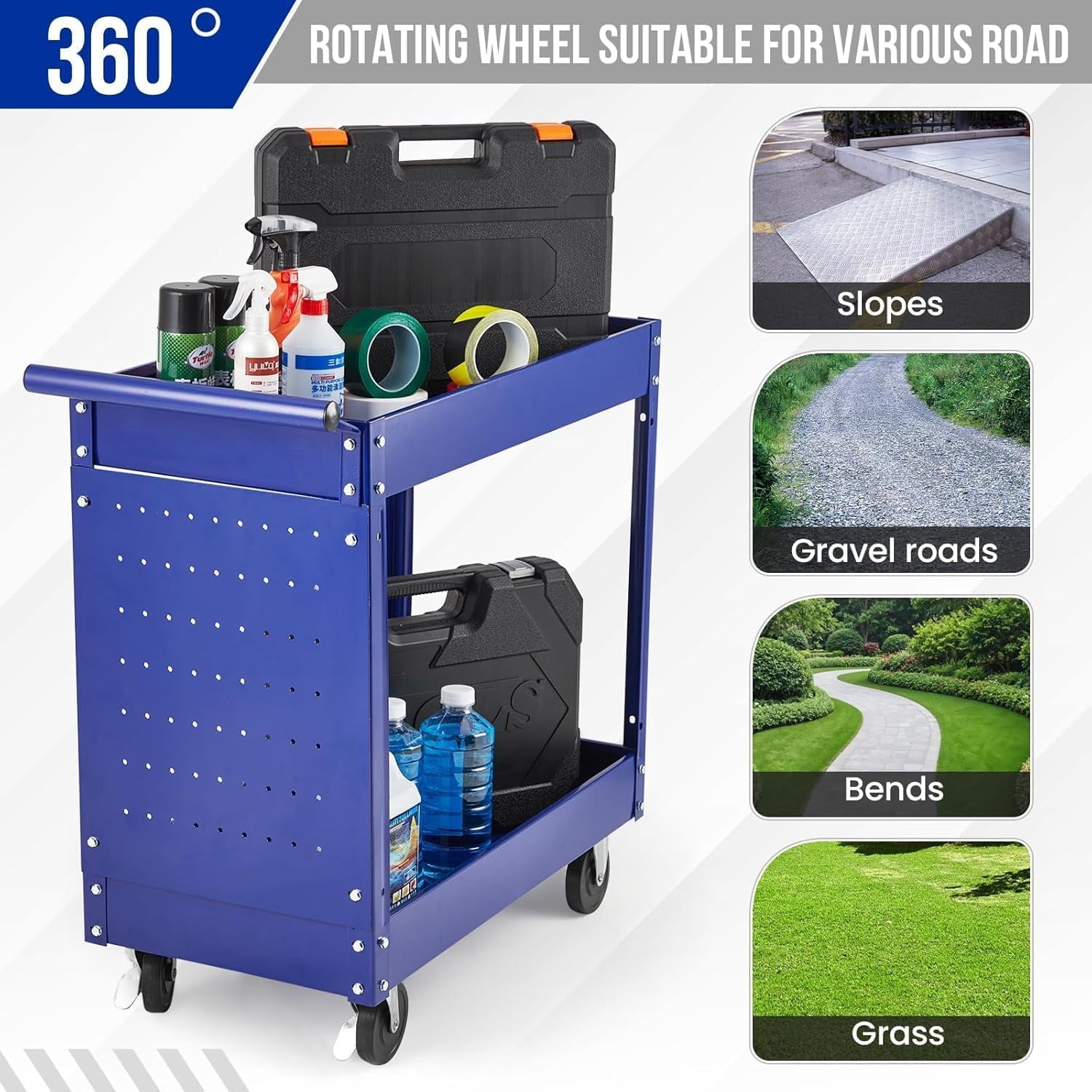AOILE 2-Tier Metal Tool Cart with Wheels, 330 lbs Capacity, Pegboard ...