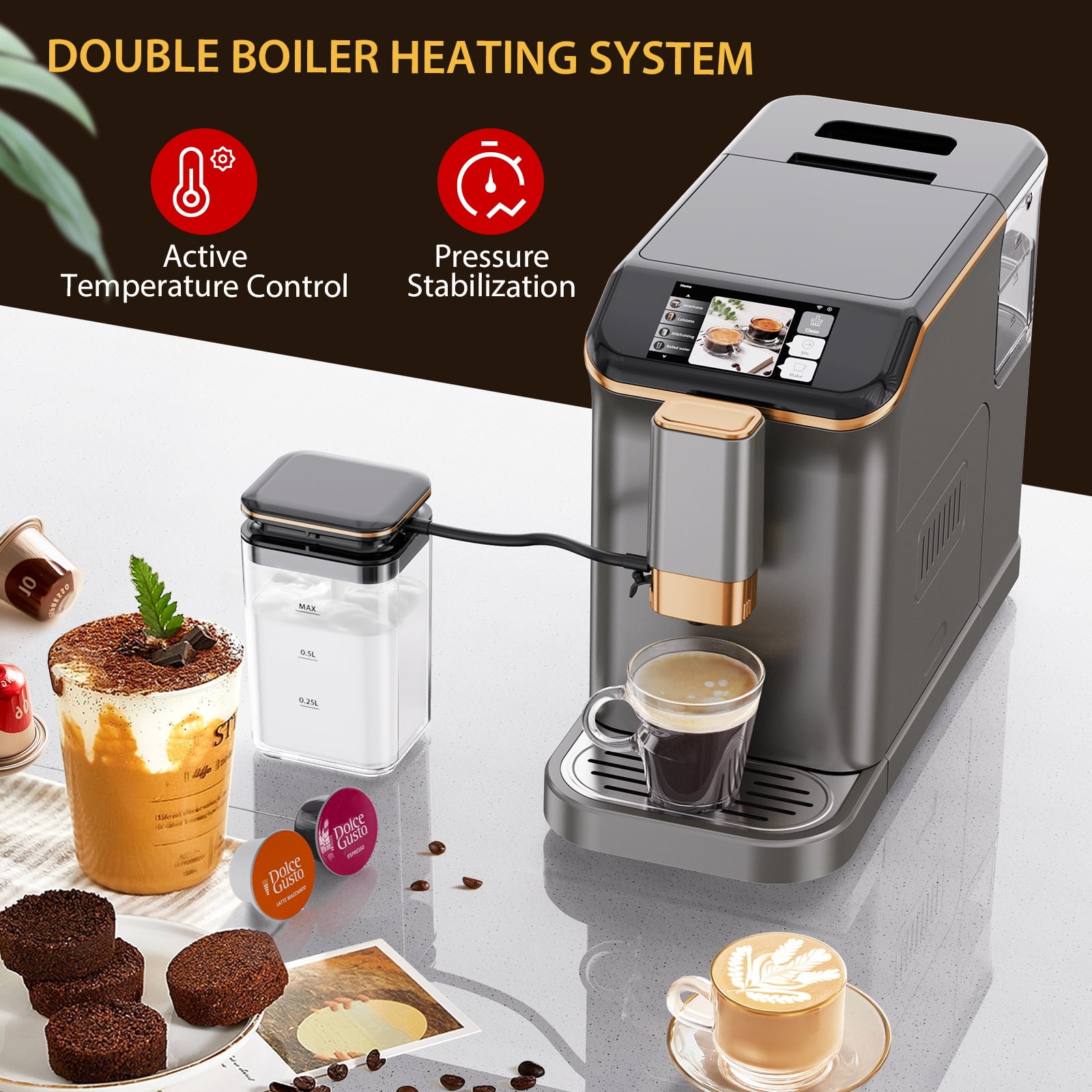 AOILE 20-Bar Dual Boiler Espresso Machine, Self-Cleaning Coffee Maker ...