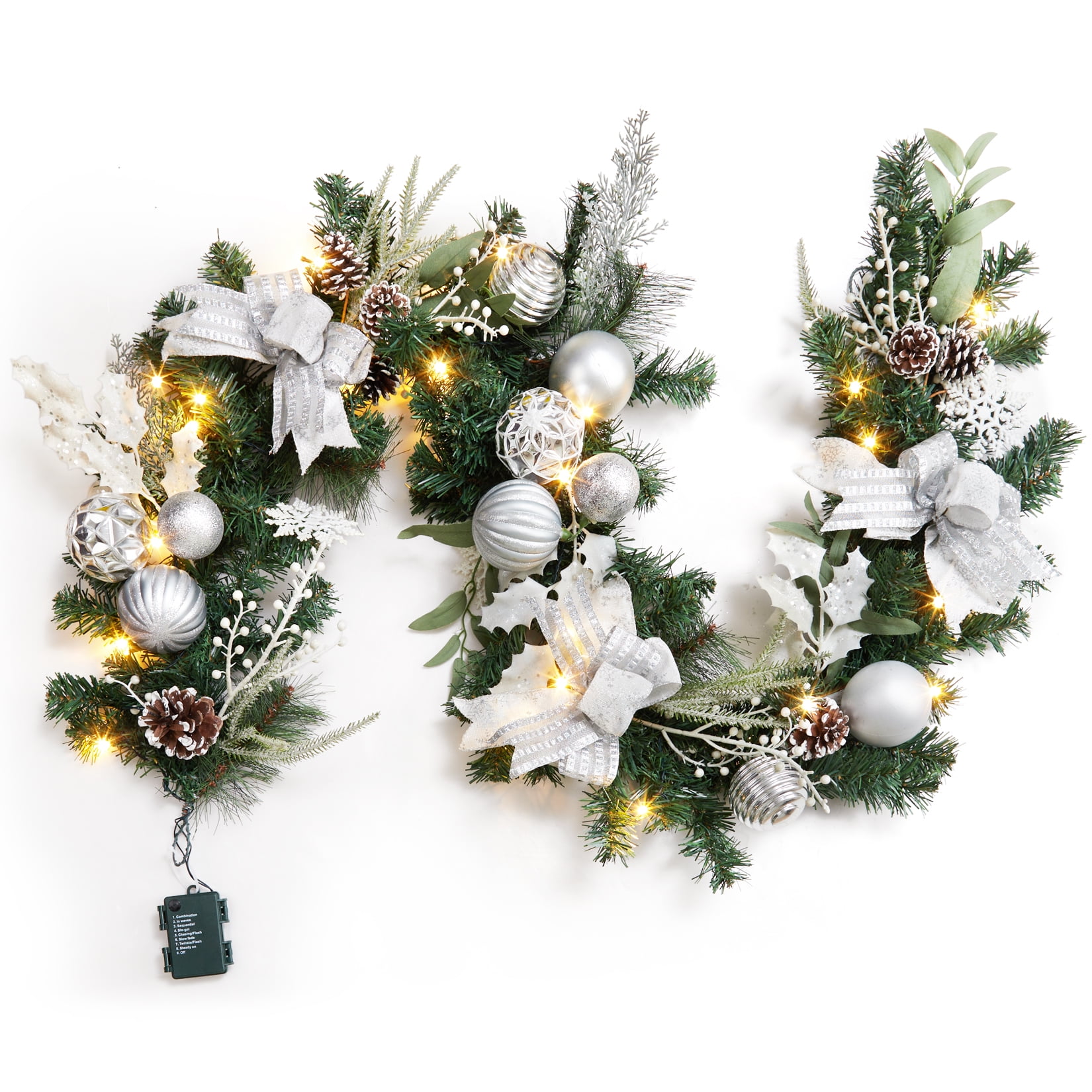 AOILE 6FT Pre-Lit Christmas Garland with Silver White Snowflakes and ...