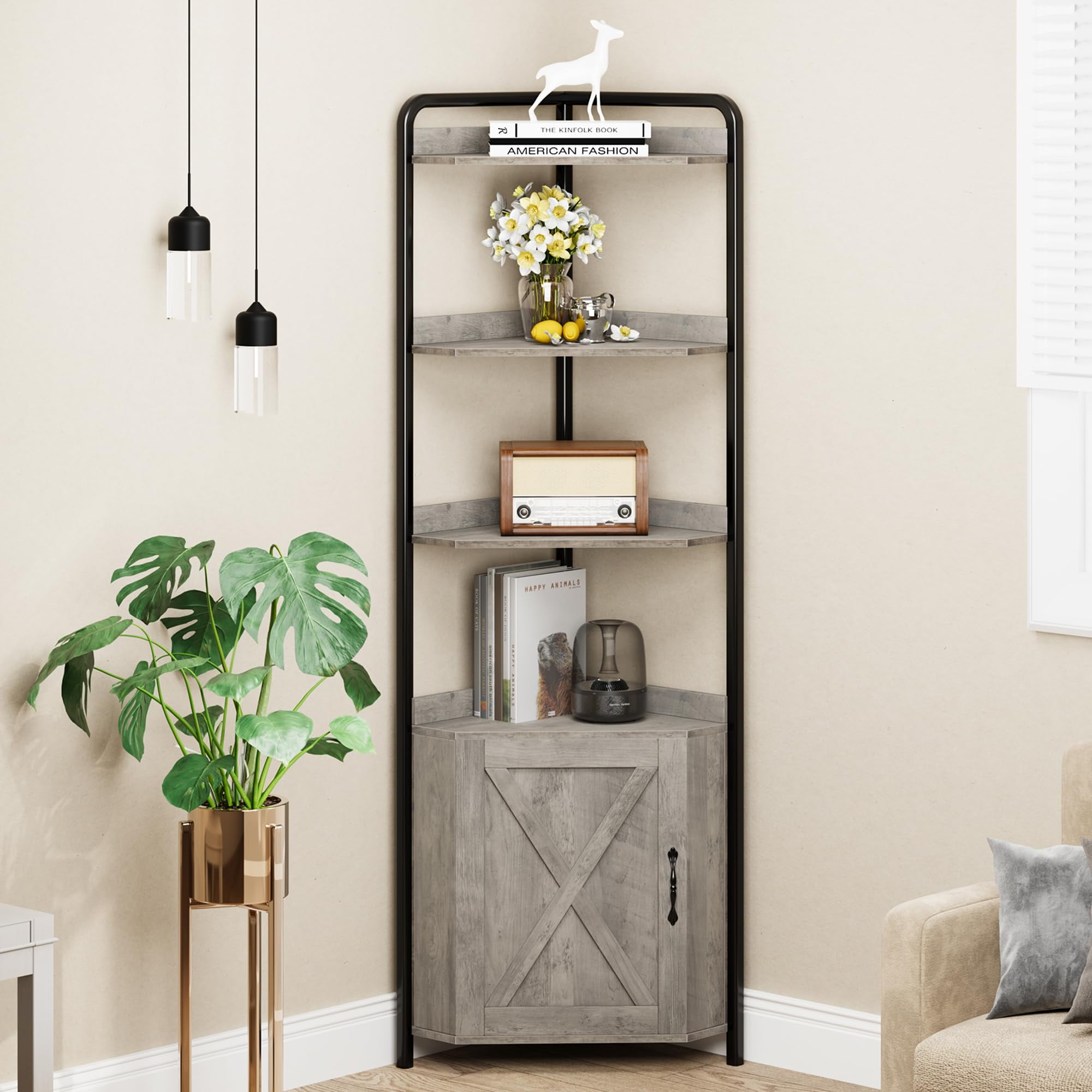 AOILE 71" Tall Corner Bookshelf with Storage Cabinet, Grey Corner Shelf ...