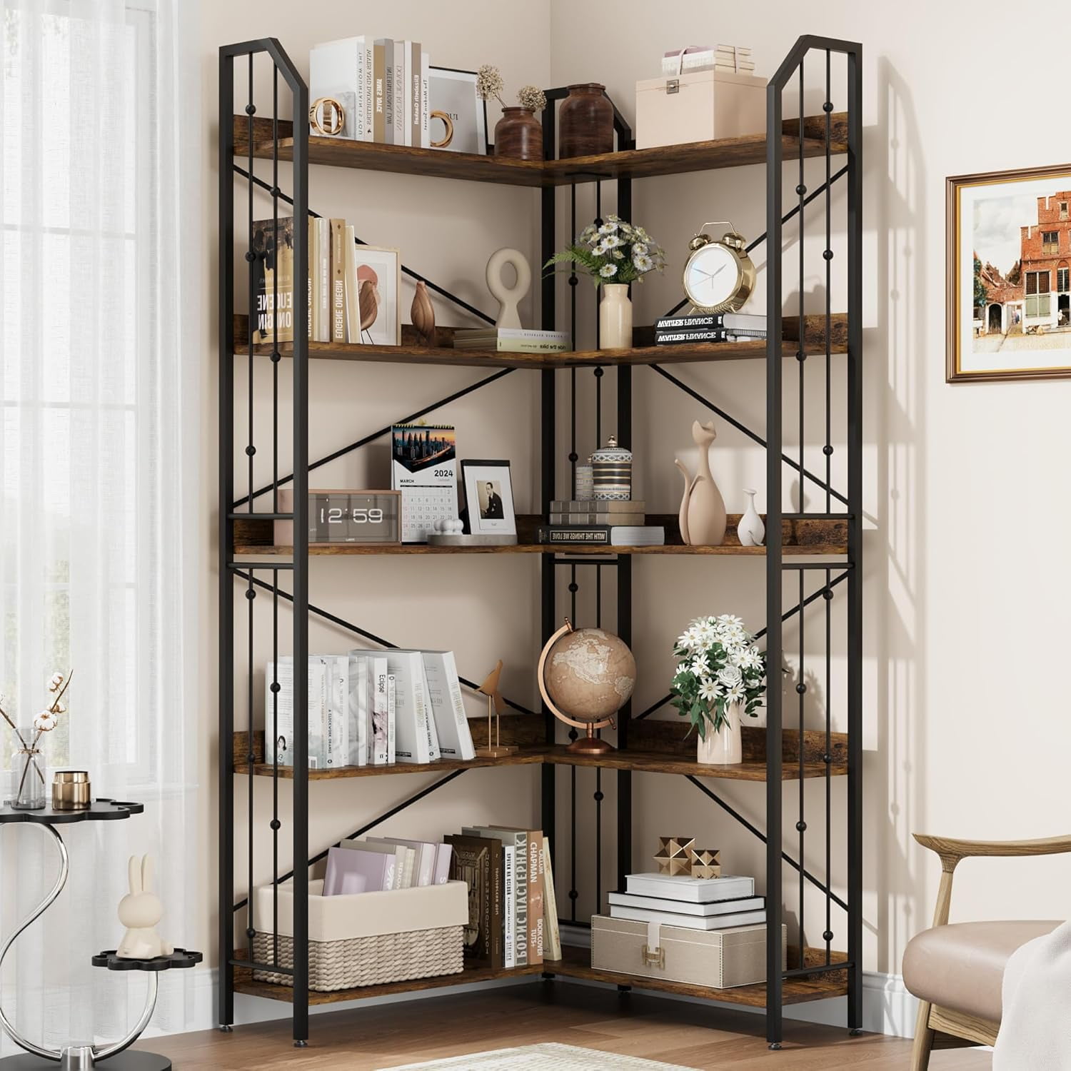 AOILE 72" Corner Bookshelf, Industrial L-Shaped 5-Tier Bookcase with ...