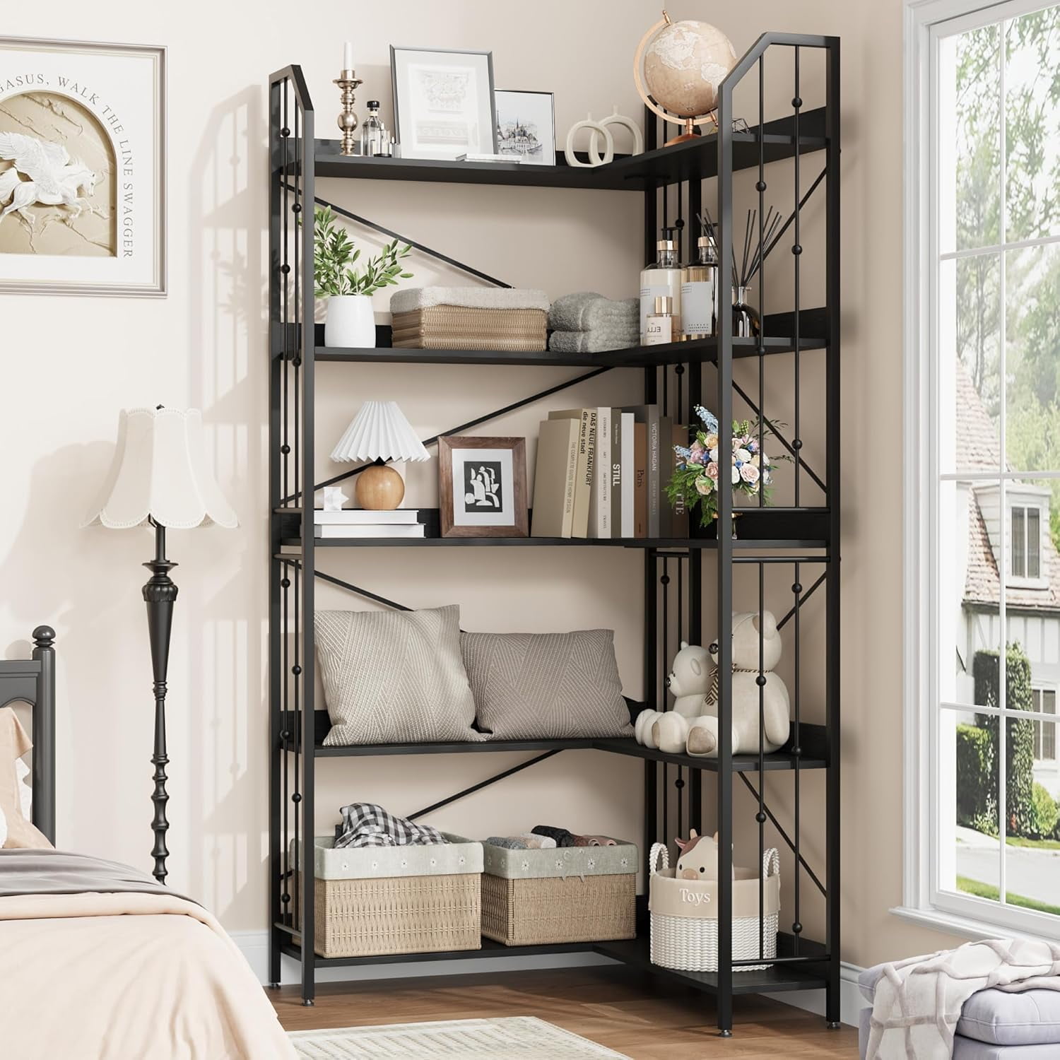 AOILE 72" Corner Bookshelf, Industrial L-Shaped 5-Tier Bookcase with ...