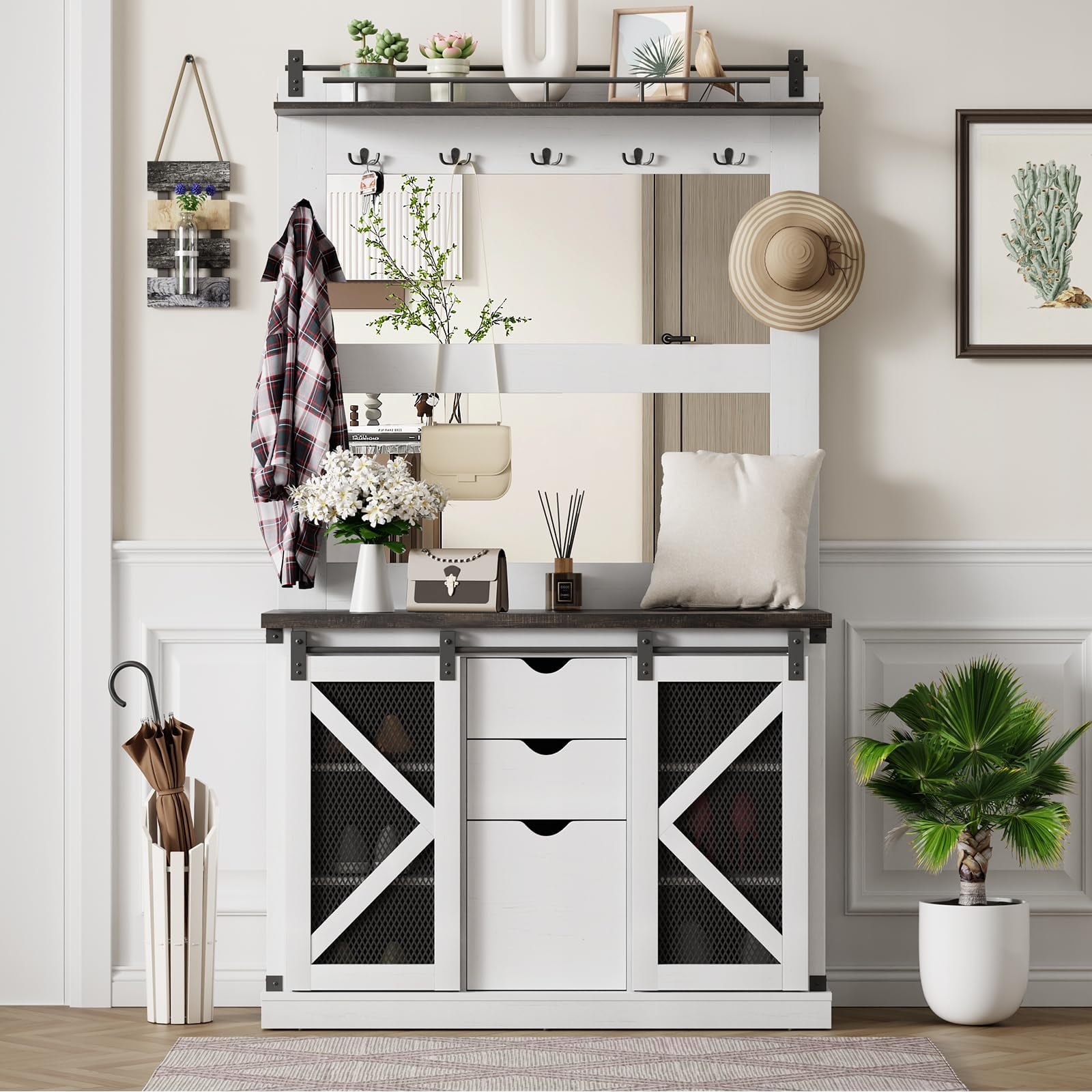 AOILE 77" Hall Tree Entryway Furniture with Coat Rack, Mirrors, Shoe ...