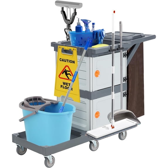 AOILE Commercial Janitorial Trolley Cleaning Cart, 3-ply 2 Cabinet 30 ...