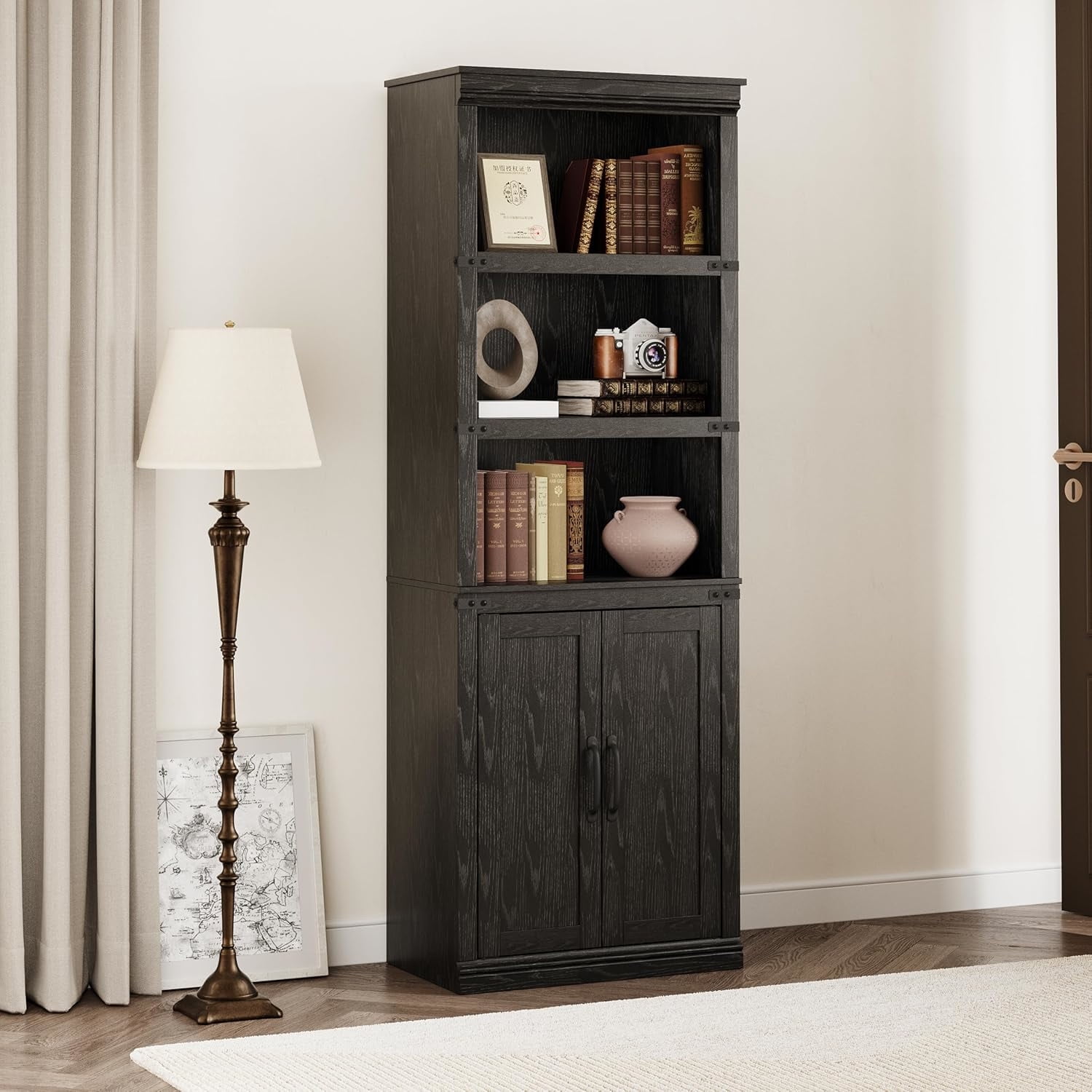 AOILE Farmhouse Bookcases with Doors, 5 Tier Wooden Bookshelf with ...