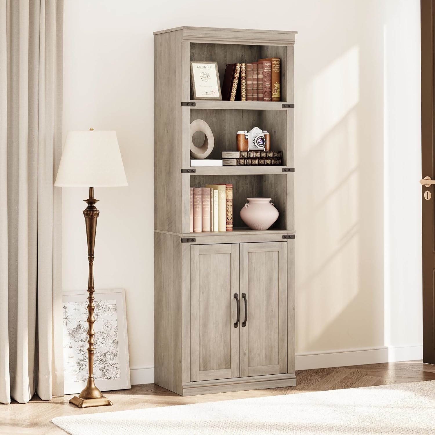 AOILE Farmhouse Bookcases with Doors, 5 Tier Wooden Bookshelf with ...